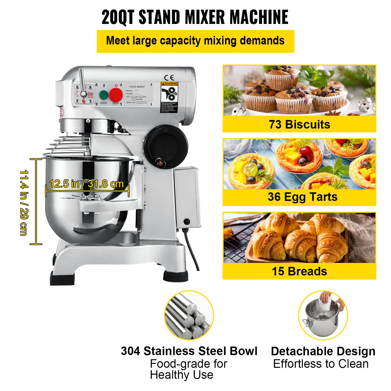 VEVOR Commercial Food Mixer 20Qt 750W 3 Speeds Adjustable 105 180 and ...