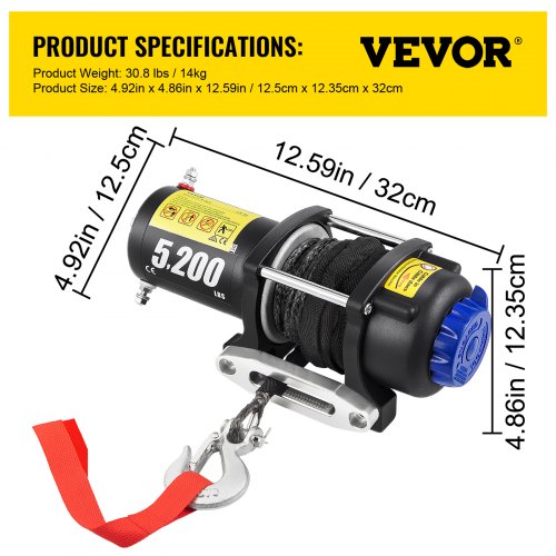VEVOR Electric Winch Truck Winch 12V 5200 LBS Synthetic Rope ATV Winch ...
