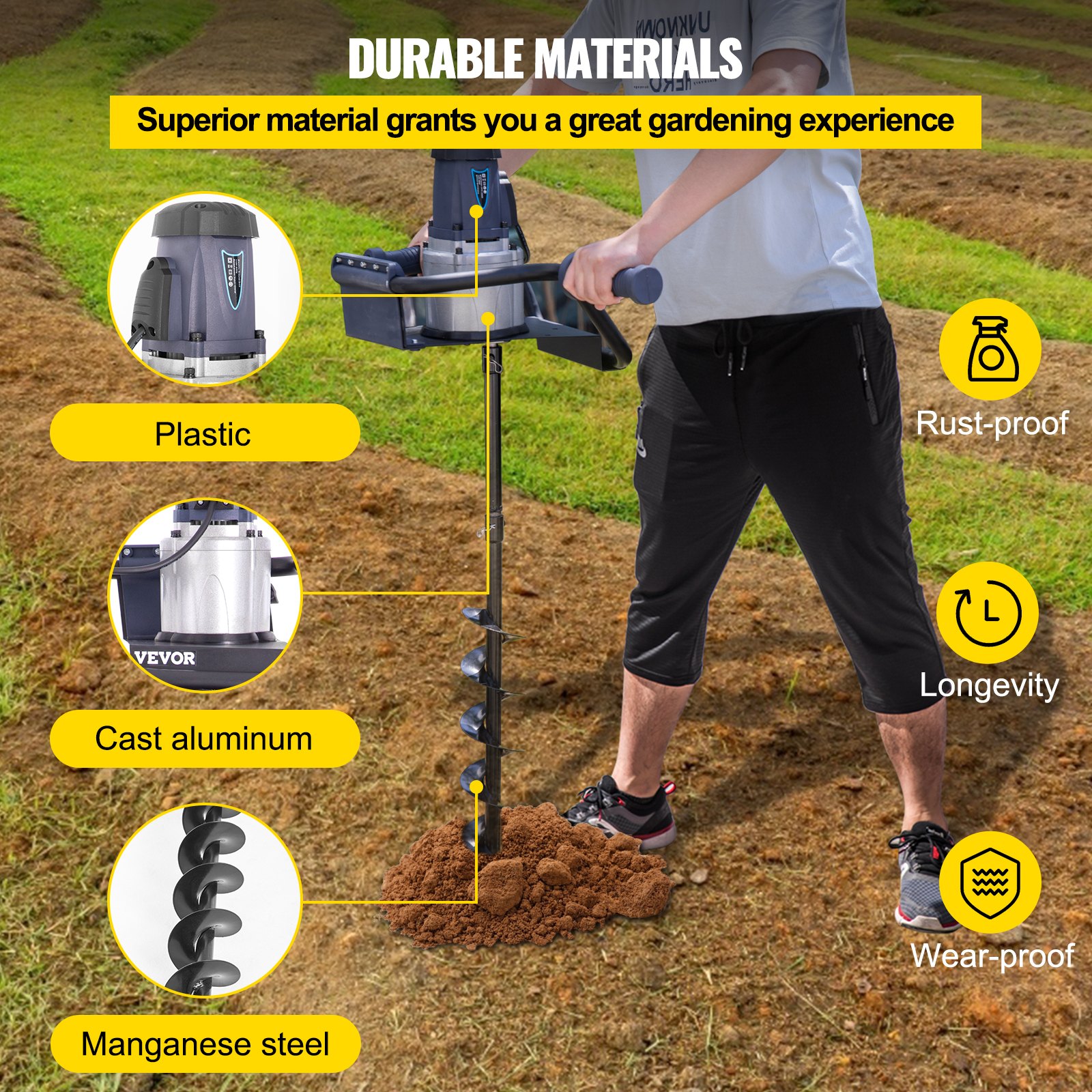 VEVOR Electric Post Hole Digger, 1200 W 1.6 HP Electric Auger Powerhead ...