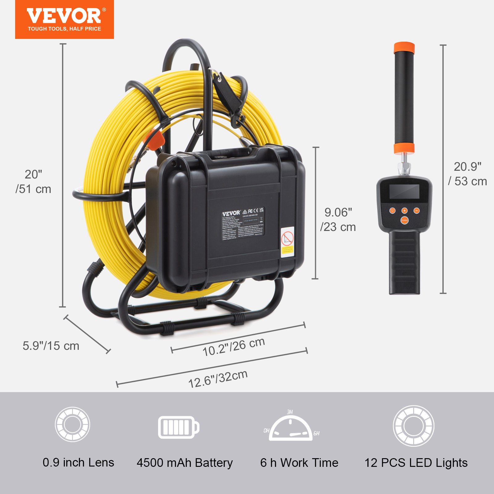 VEVOR Sewer Camera with 512Hz Locator, 9" Pipeline Inspection Camera w ...