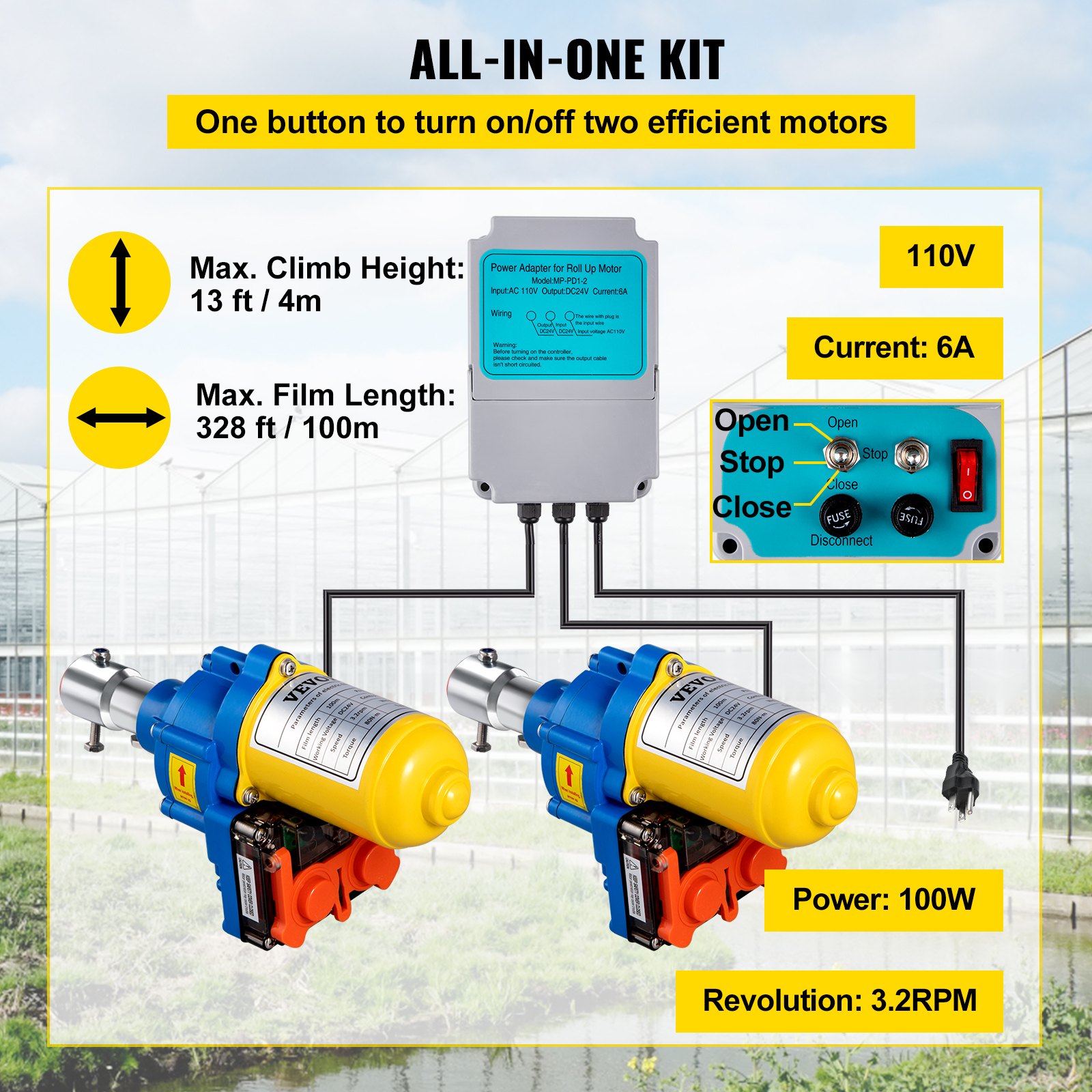 VEVOR Greenhouse Roll Up Motor Kit, 100W DC 24V 3.2 RPM, Waterproof ...