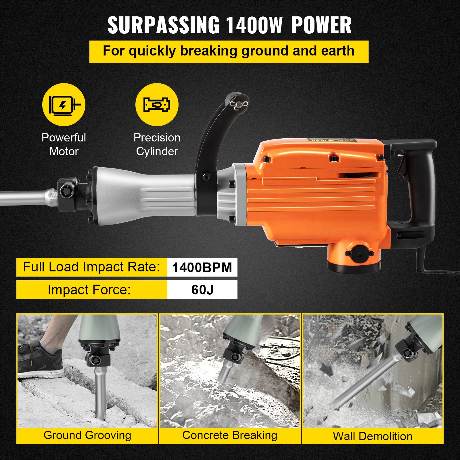 1400W Demolition Jack Hammer Electric Concrete Breaker 2 Chisel | VEVOR US