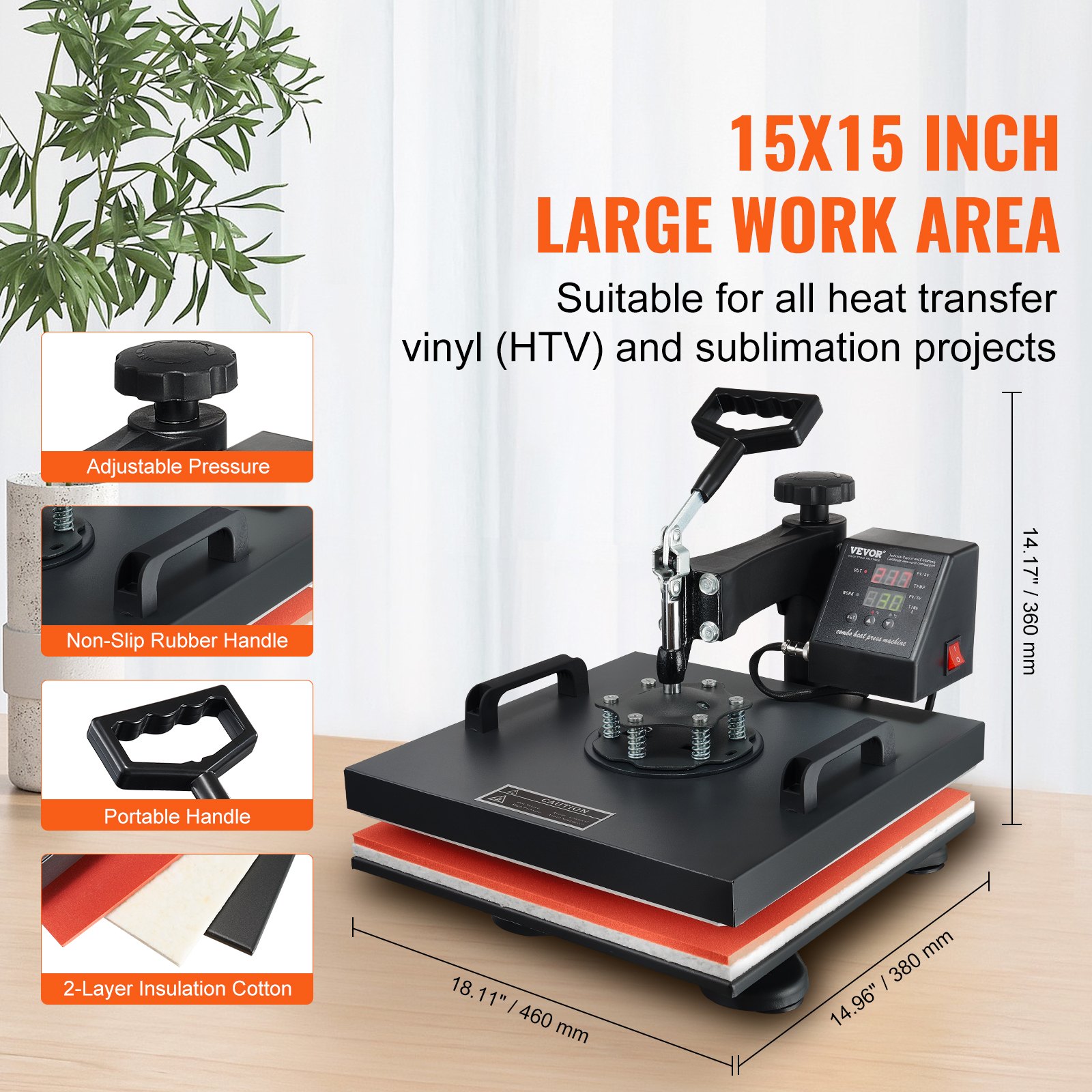 VEVOR Heat Press Machine 2In1 15x15in Sublimation Print Transfer DIY T ...