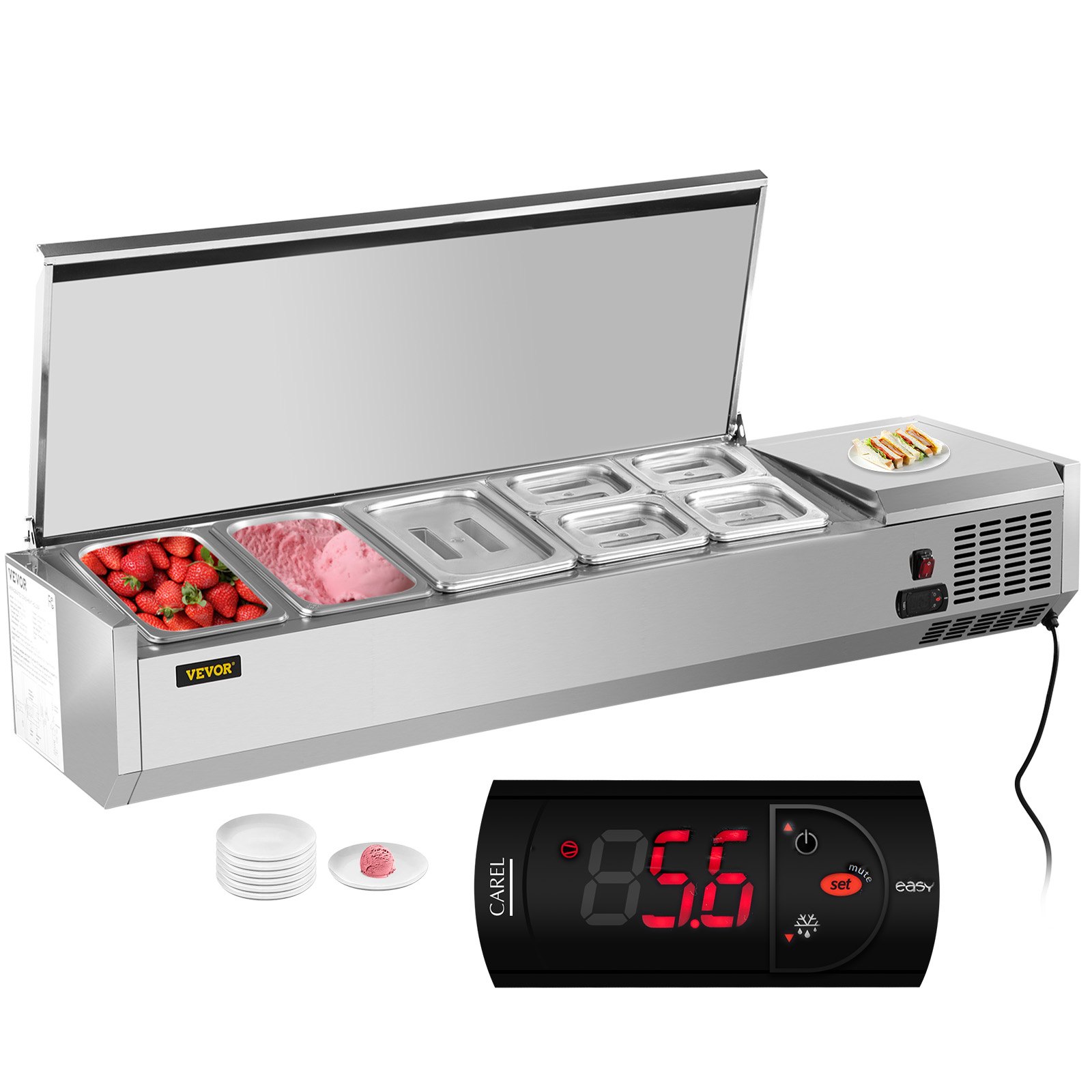 VEVOR Refrigerated Condiment Prep Station, 55-Inch, 13.8Qt Sandwich ...