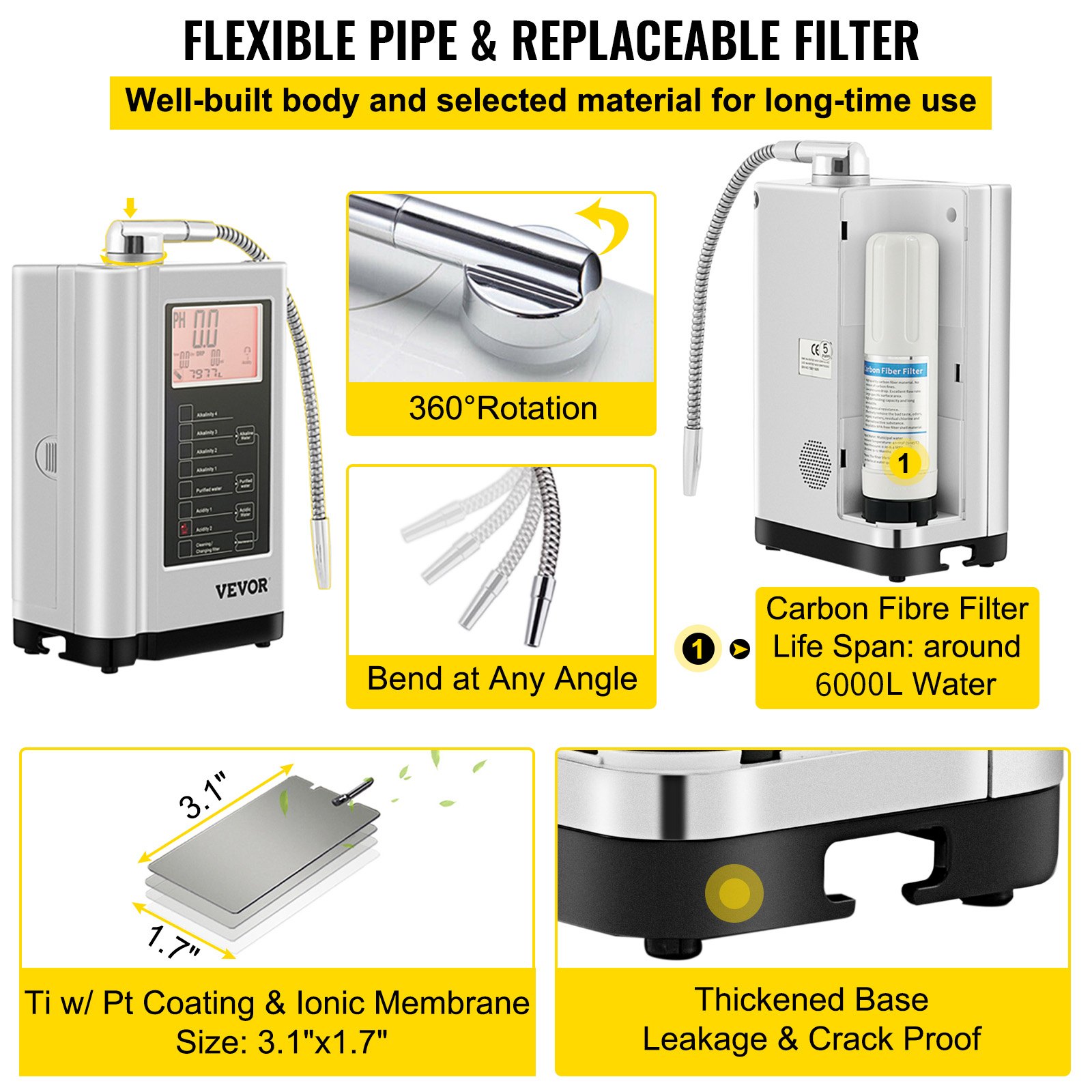 VEVOR Water Ionizer Machine, 7 Water Settings, Alkaline Acid Home ...