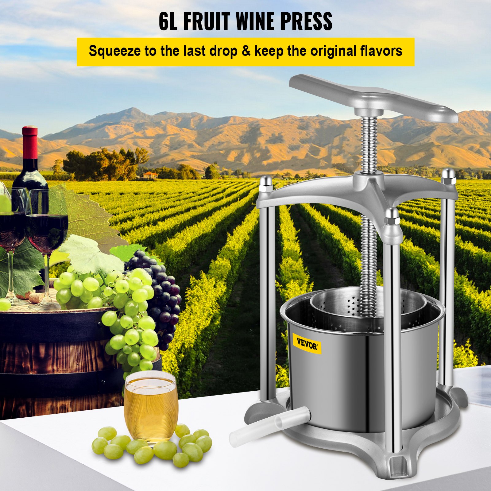 VEVOR Fruit Wine Press, 1.6Gal Wine Press, 6L Fruit Cider Grinder w ...