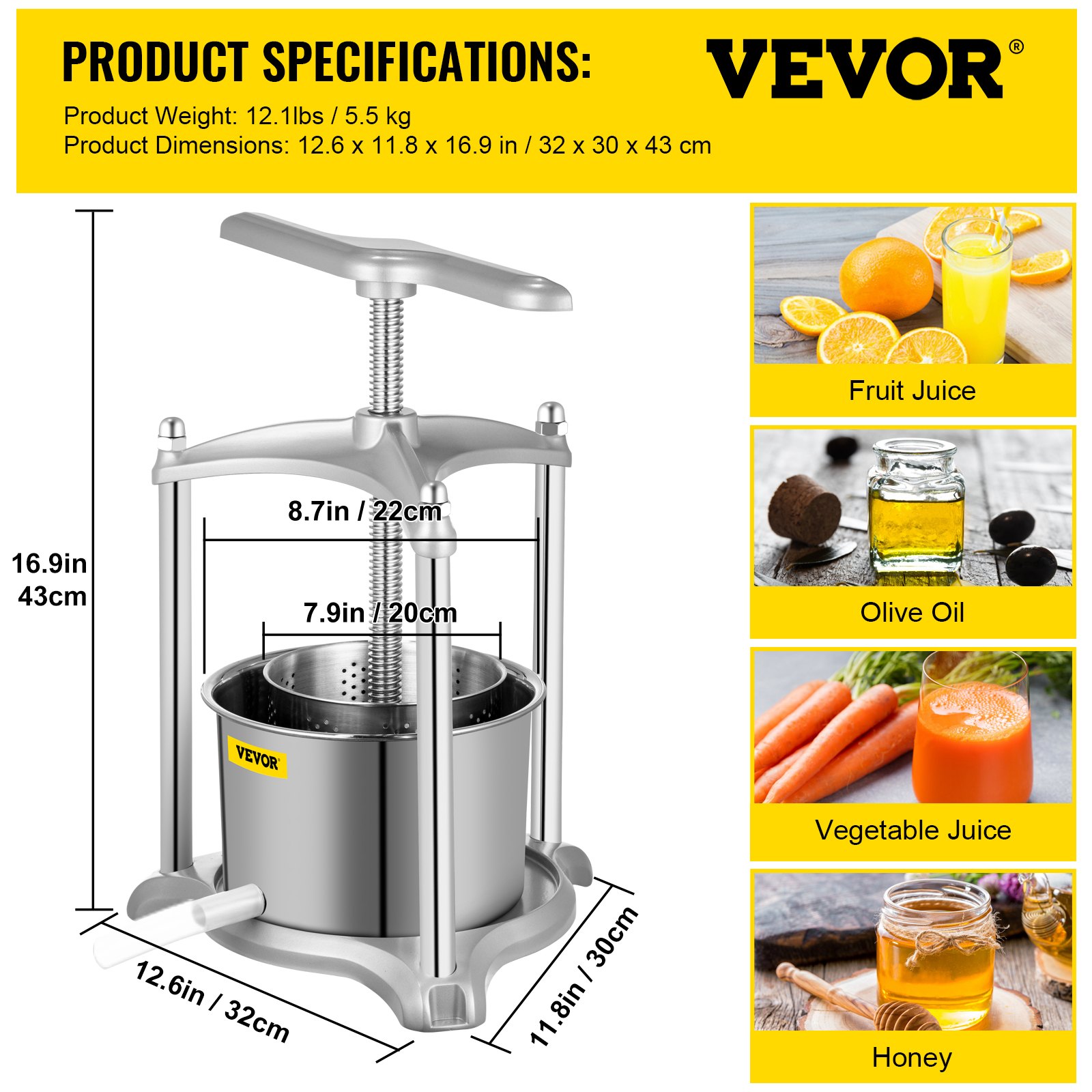 VEVOR Fruit Wine Press, 1.6Gal Wine Press, 6L Fruit Cider Grinder w ...