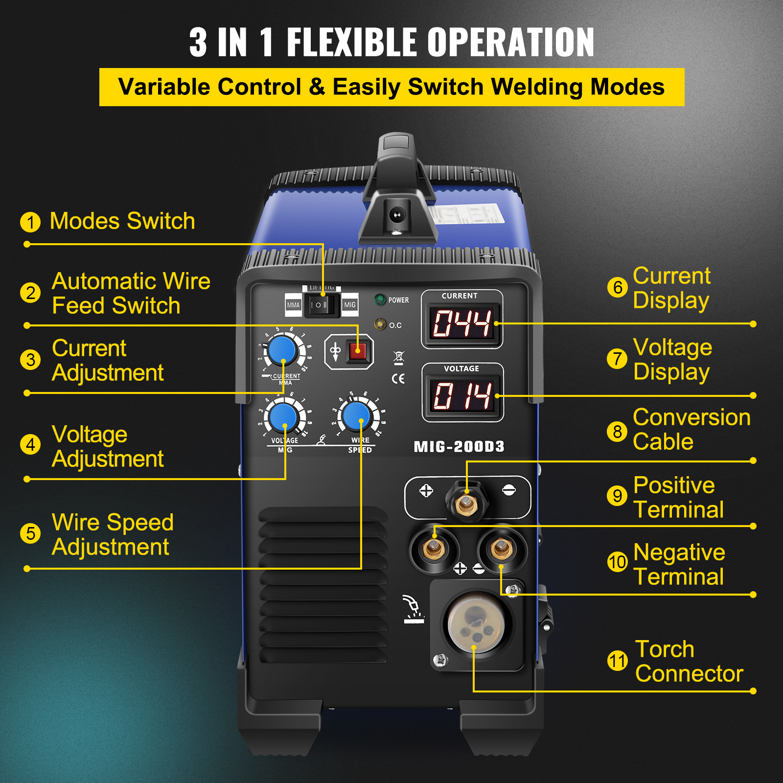 VEVOR Vevor 3 In 1 Mig/mma/tig Mig-200 Inverter Welder 200amp Combo ...
