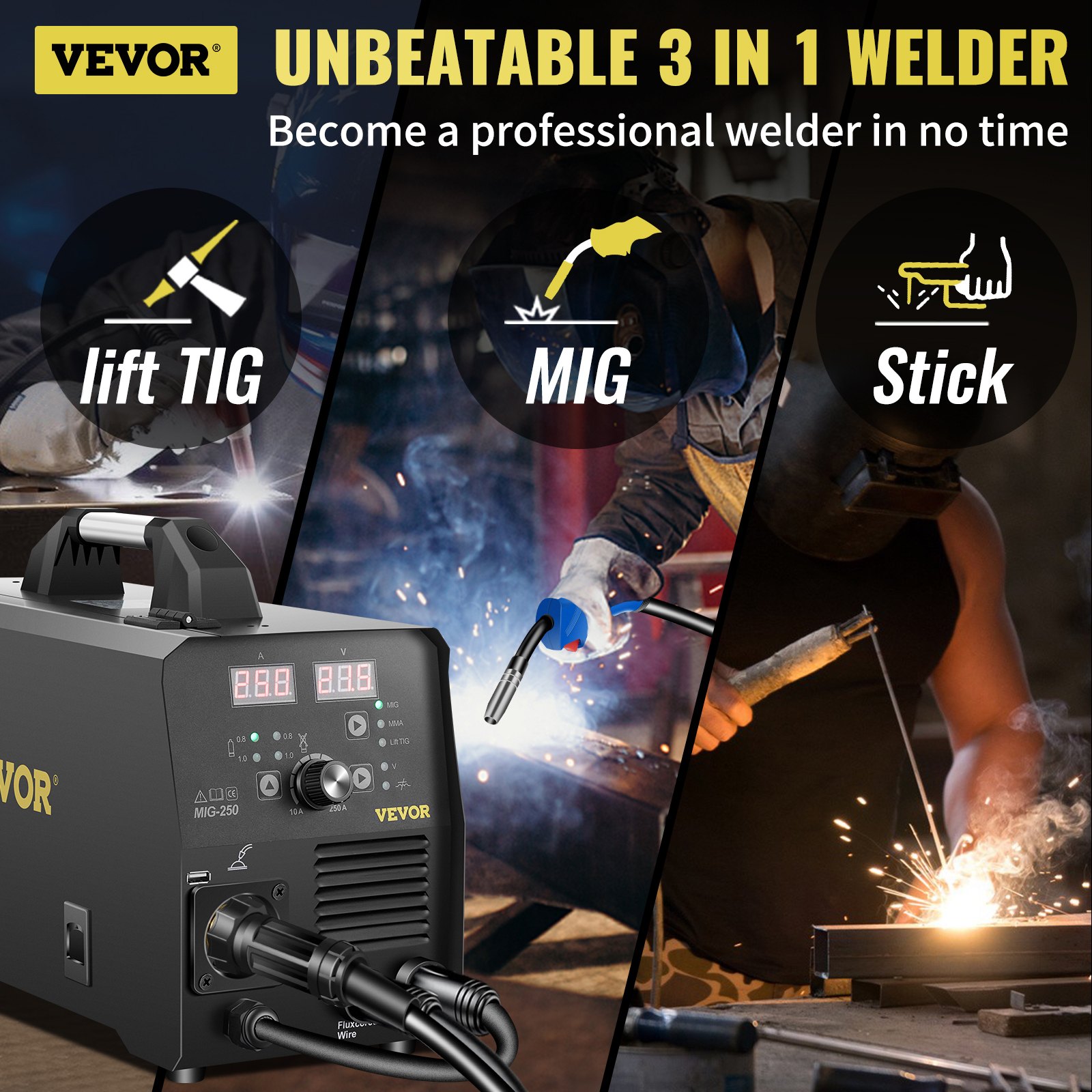 VEVOR Soudeuse MIG, 250 A 3 en 1, 220 V Flux Core/Gaz/Solid Wire ...