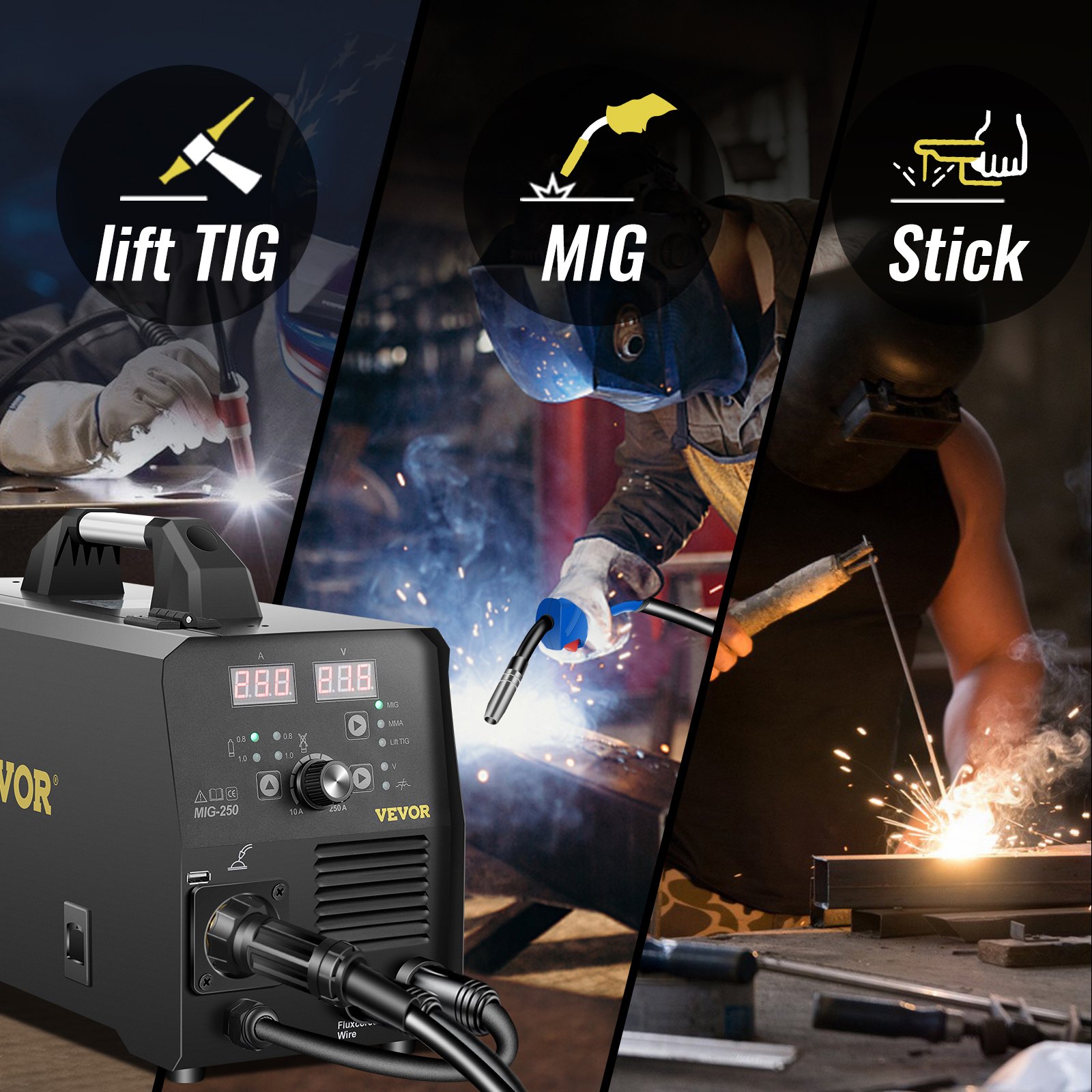 VEVOR 250Amp MIG Welder, Welding Machine 3 in 1, 220V Flux Core/Gas ...