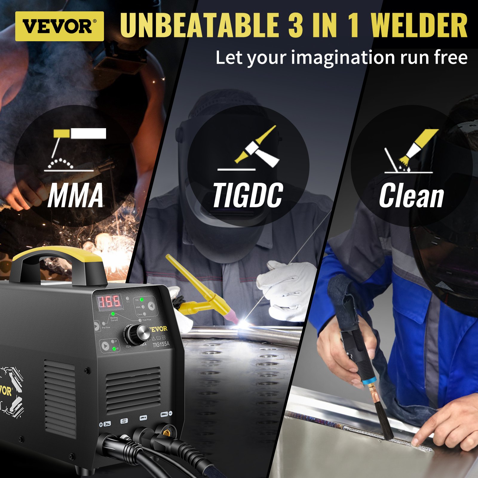 VEVOR TIG Welder 3 in 1, 110V High Frequency TIG/Stick/Clean Welding ...
