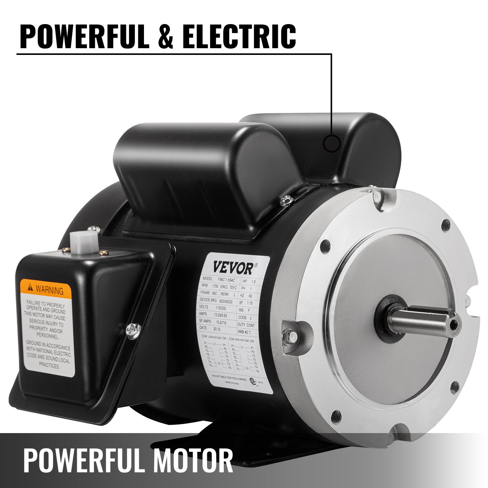VEVOR 1.5HP Electric Motor, 3450rpm Reversible Single Phase 56C Frame ...