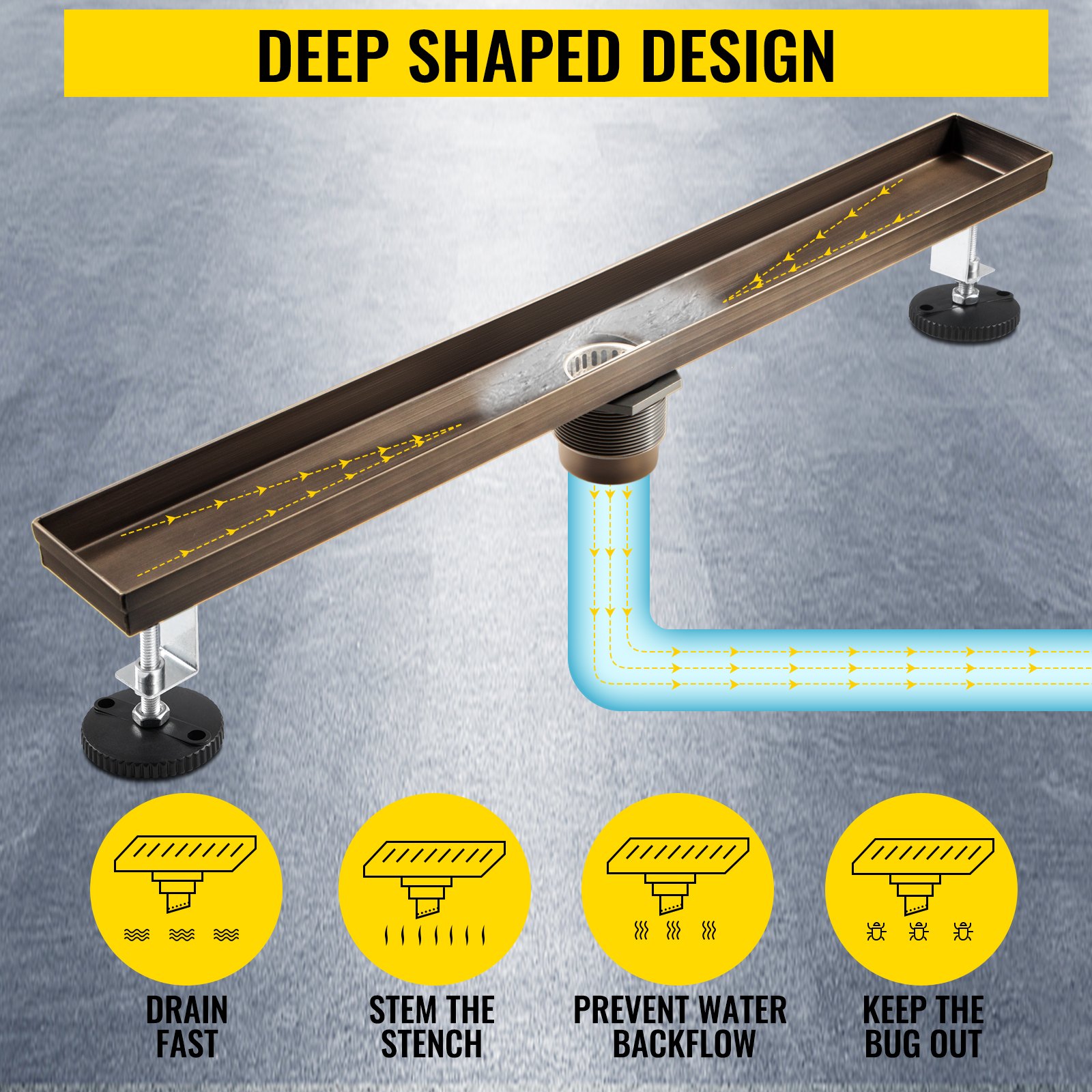 VEVOR Linear Drain 304 Stainless Steel 24x2.75in Linear Tile Drain 30L ...