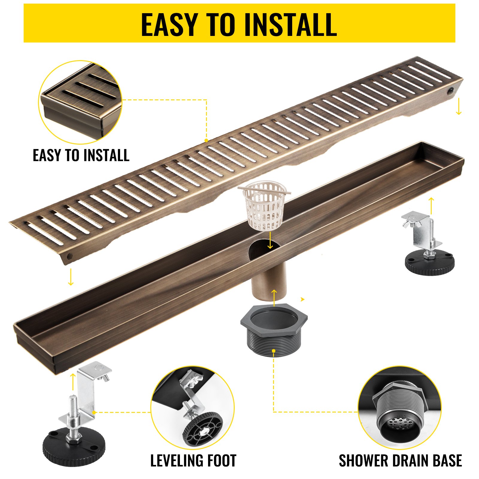 VEVOR Linear Drain 304 Stainless Steel 24x2.75in Linear Tile Drain 30L ...