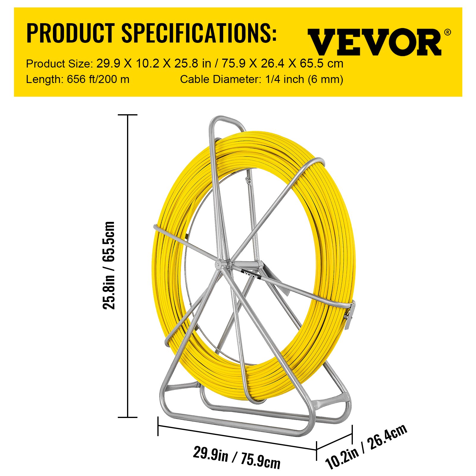 VEVOR Fish Tape Fiberglass 6mm 656ft Reel Wire Cable Running Rod ...