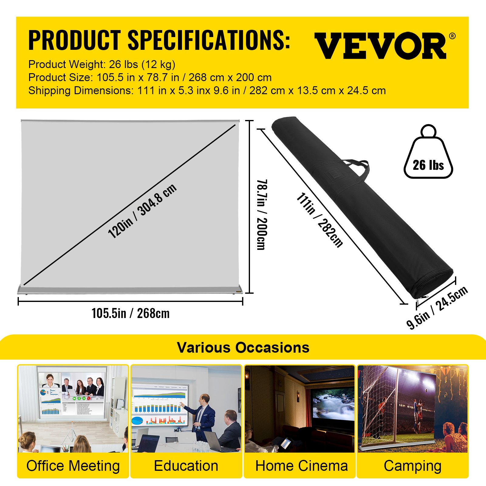 VEVOR Projector Screen, 120" 16:9, Manual Pull Up Projector Screen ...