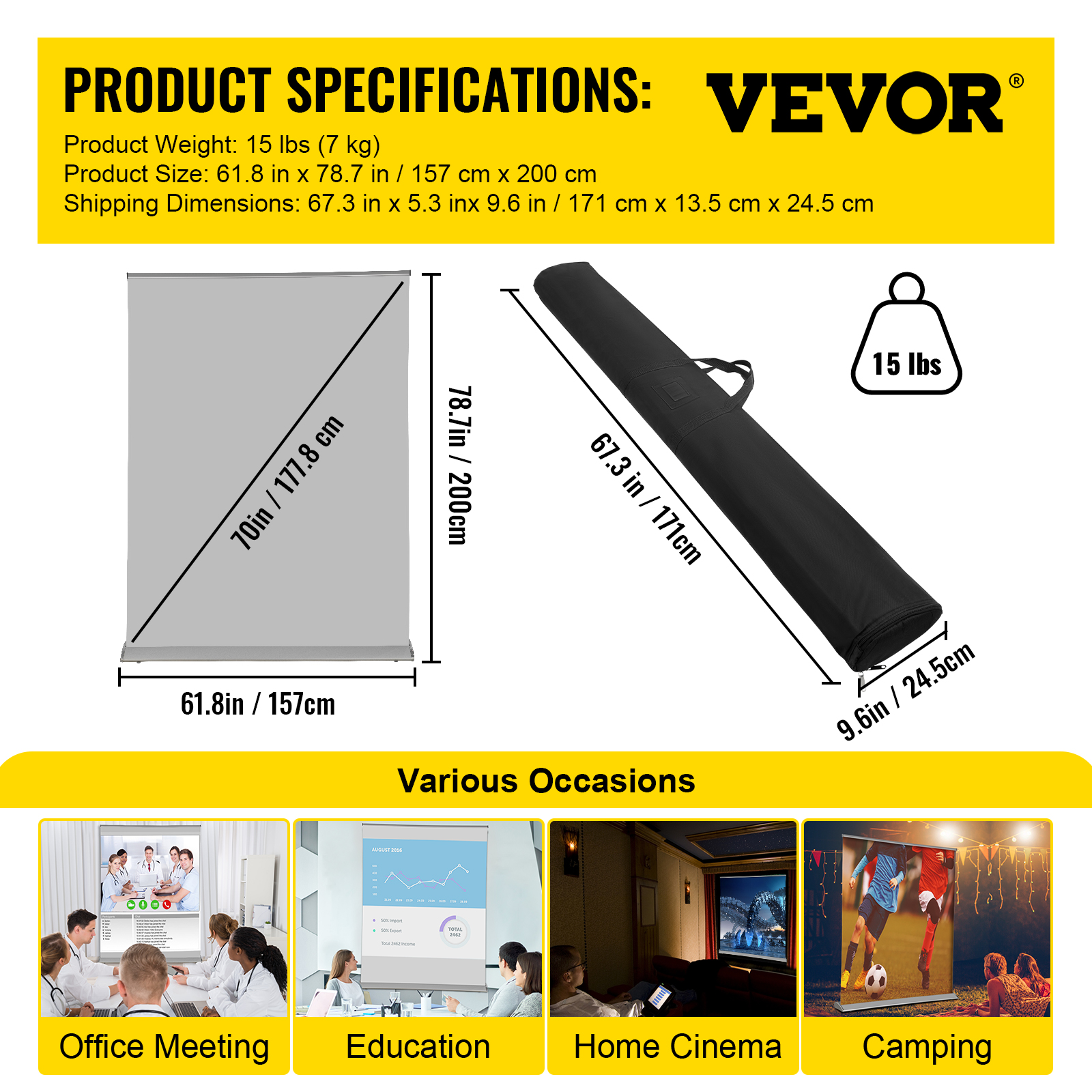 Vevor Pull Up Projector Screen Floor Standing Projector Screen 70" 16:9 ...