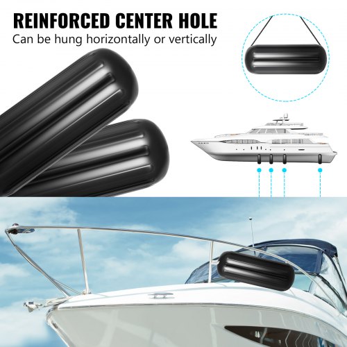 4 NEW RIBBED BOAT FENDERS 10" x 28" BLACK CENTER HOLE BUMPERS MOORING ...
