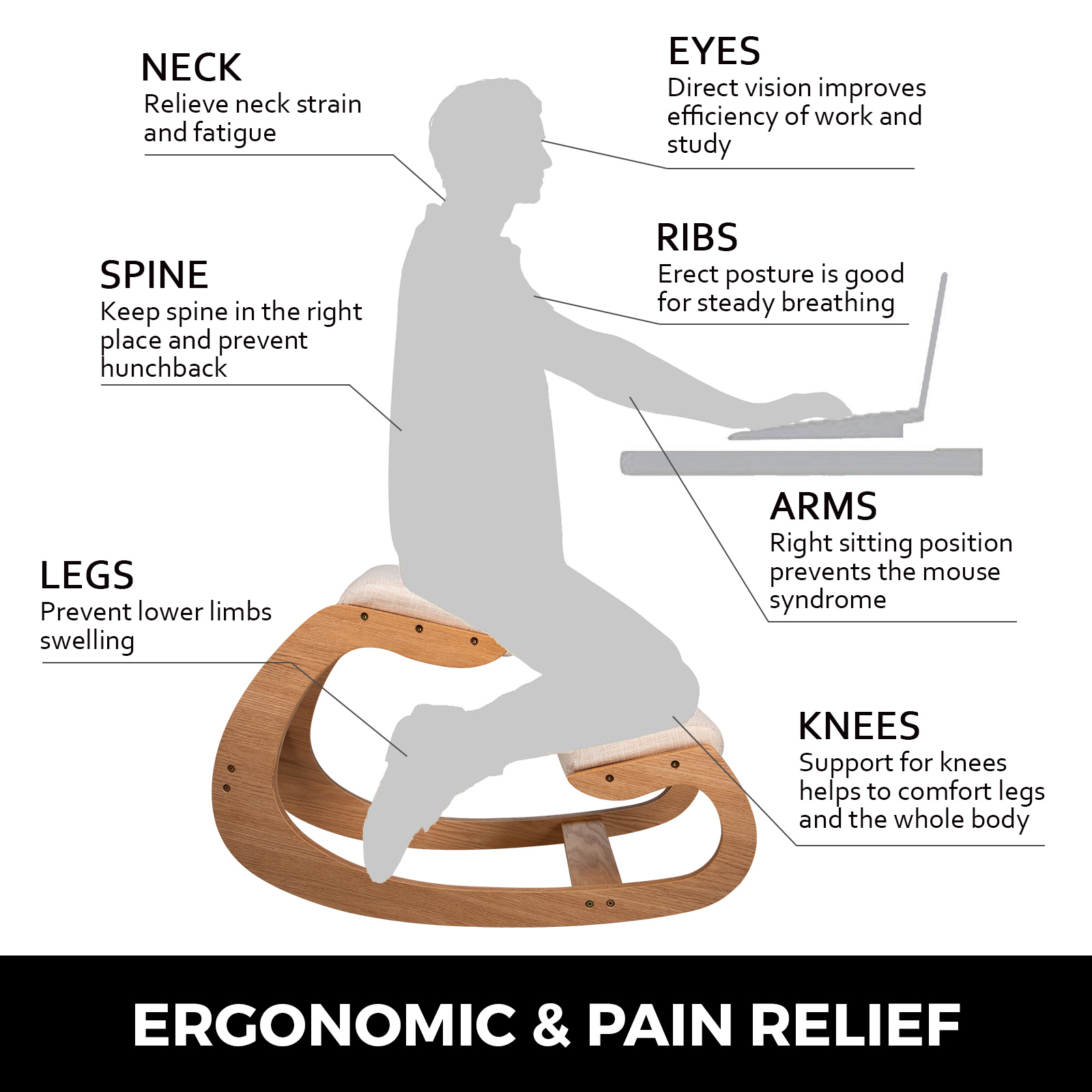VEVOR Ergonomic Kneeling Chair Wooden Strengthen Muscles Relieve ...