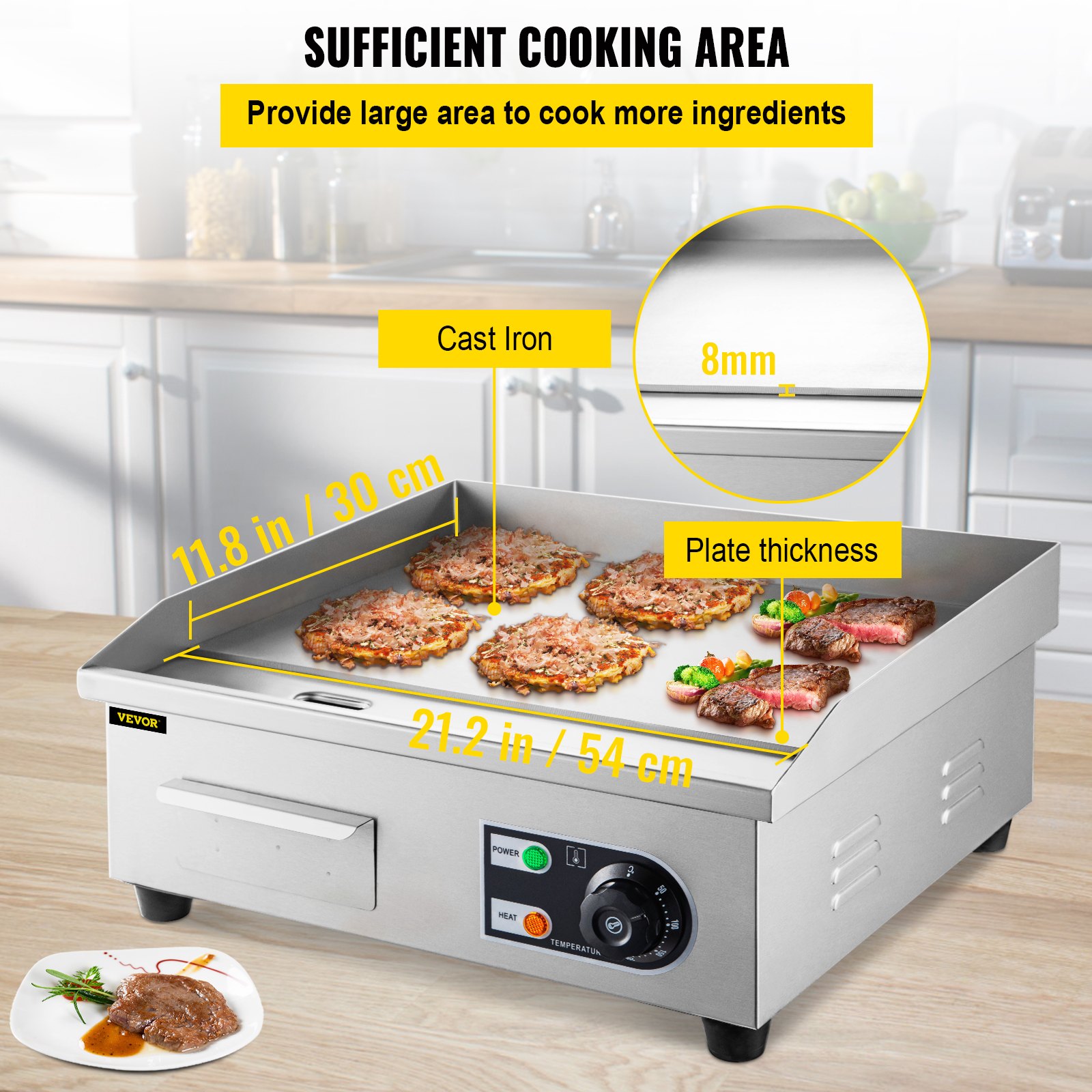 1600W 22" Electric Countertop Griddle Stainless steel Adjustable Temp ...