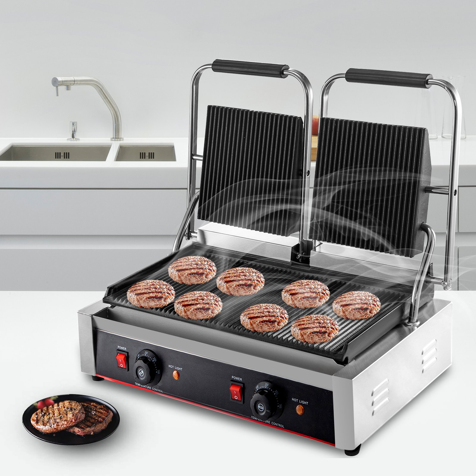 VEVOR 110V Commercial Sandwich Panini Press Grill 2X1800W Temperature ...