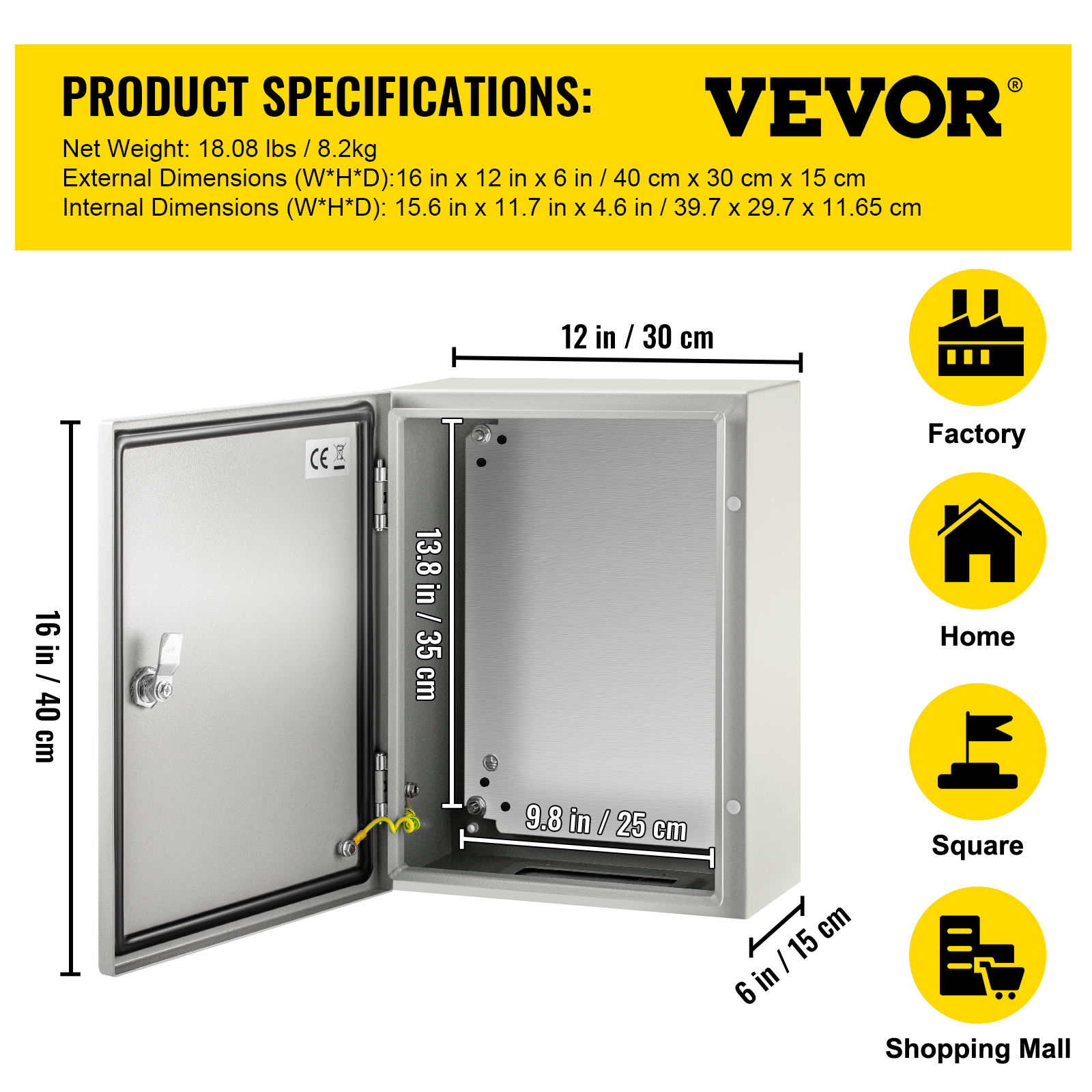 Vevor 16x12x6'' Carbon Steel Electrical Enclosure Wall Mount Junction ...