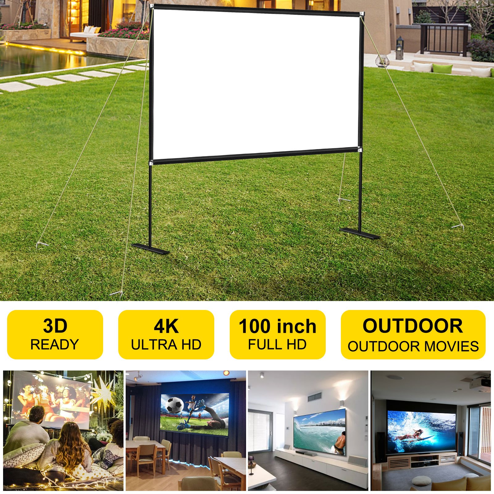 VEVOR Projector Screen with Stand 100inch Portable Movie Screen 16:9 4K ...