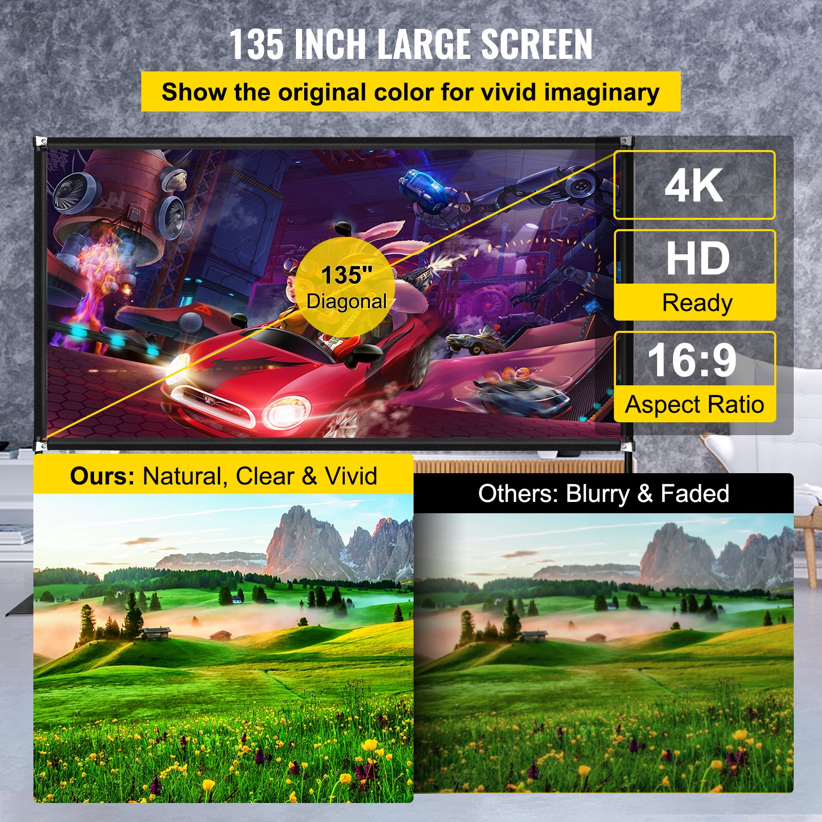 VEVOR Movie Screen with Stand 135inch Portable Projector Screen 16:9 4K ...