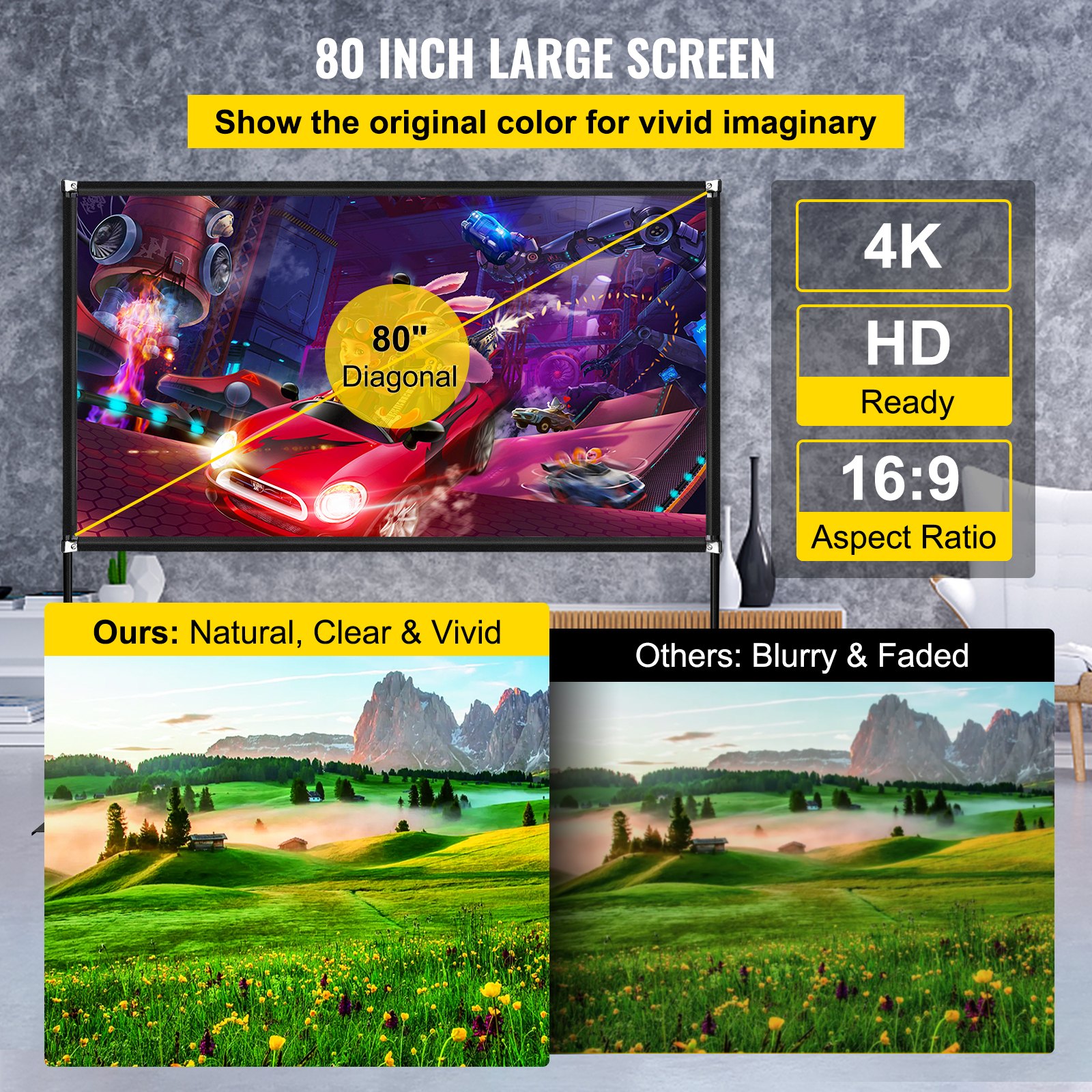 VEVOR Outdoor Movie Screen w/ Stand Portable Movie Screen 80" Projector ...