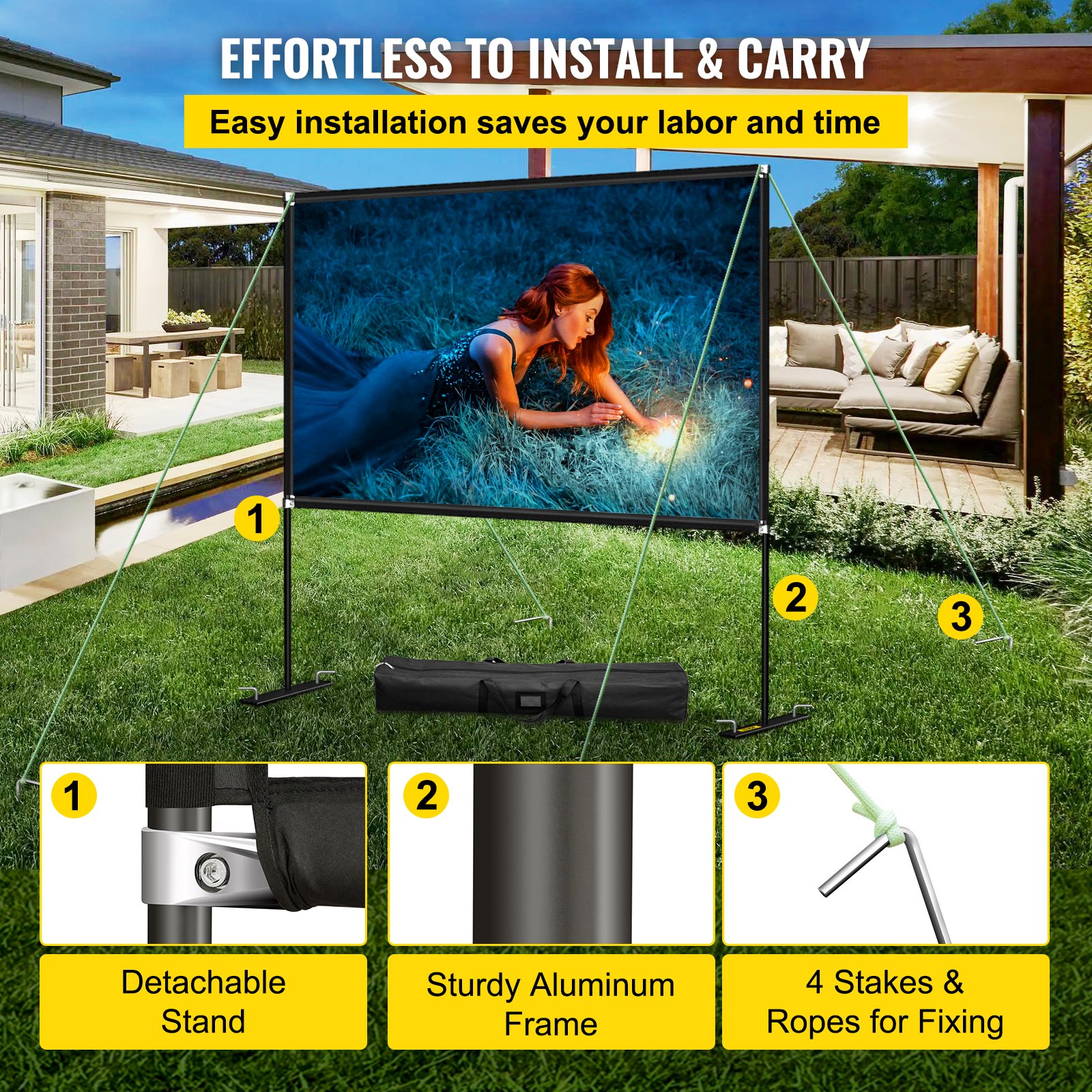 VEVOR Outdoor Movie Screen w/ Stand Portable Movie Screen 80" Projector ...