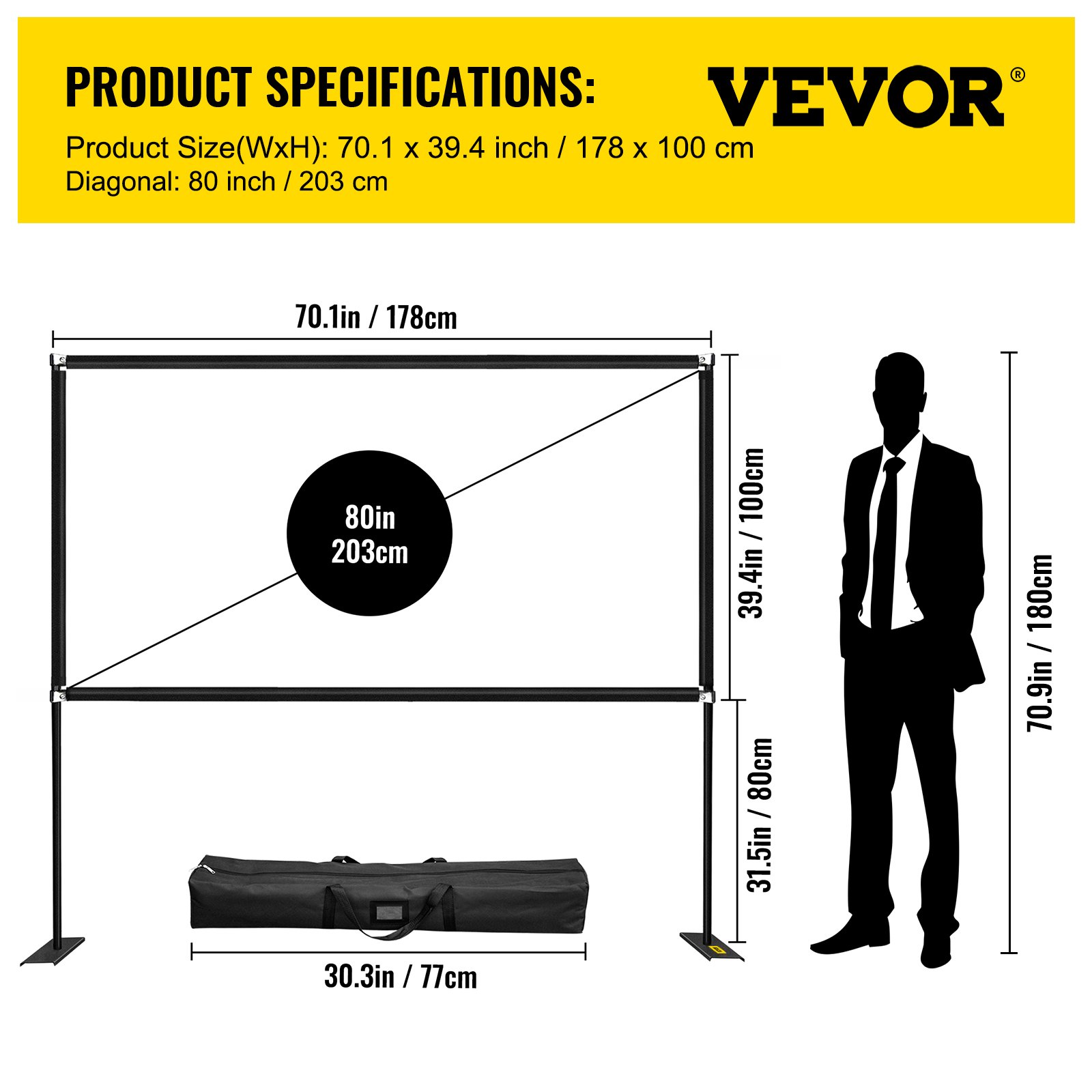 VEVOR Outdoor Movie Screen w/ Stand Portable Movie Screen 80" Projector ...