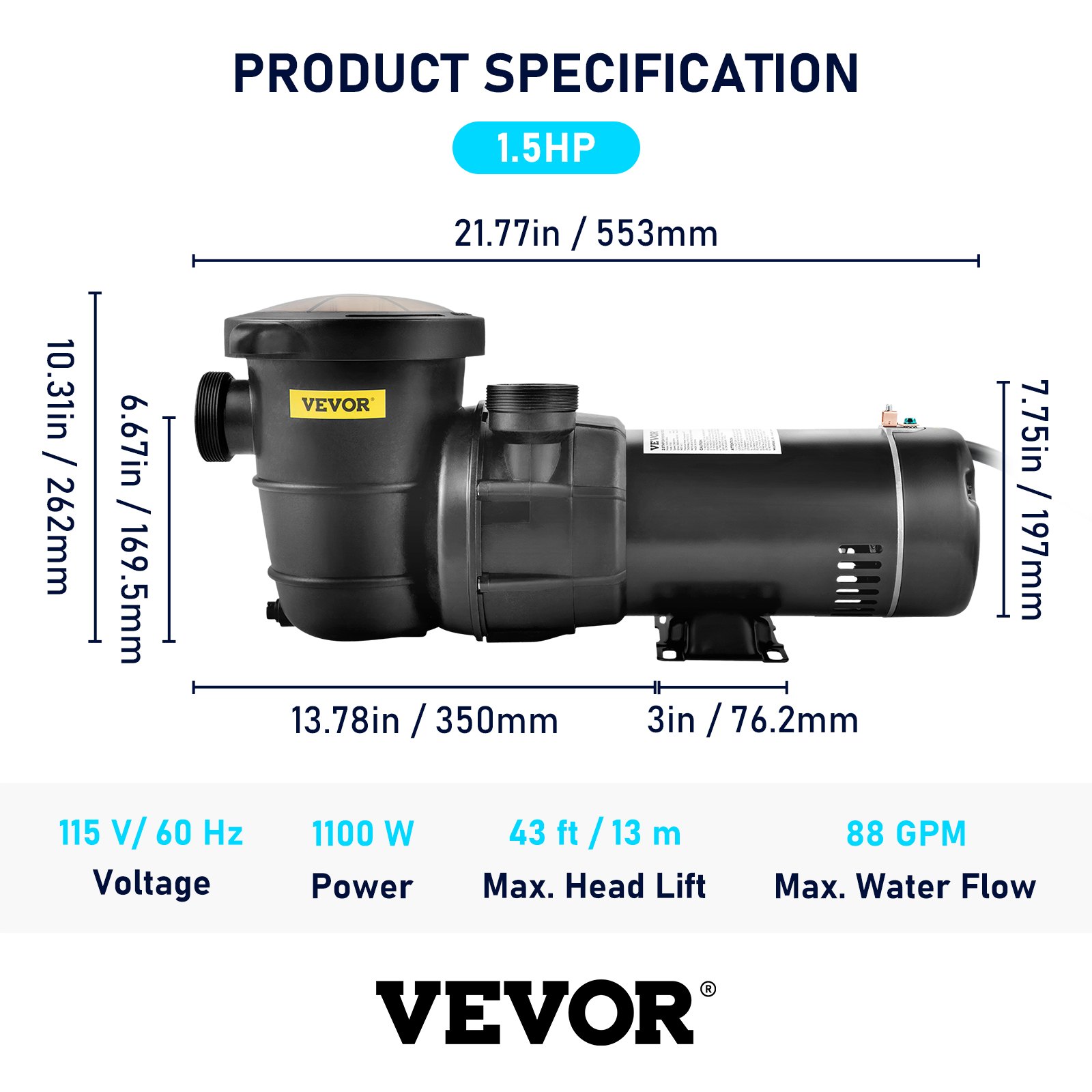 VEVOR Swimming Pool Pump Above Ground Pool Pump 1.5 HP 88 GPH w ...