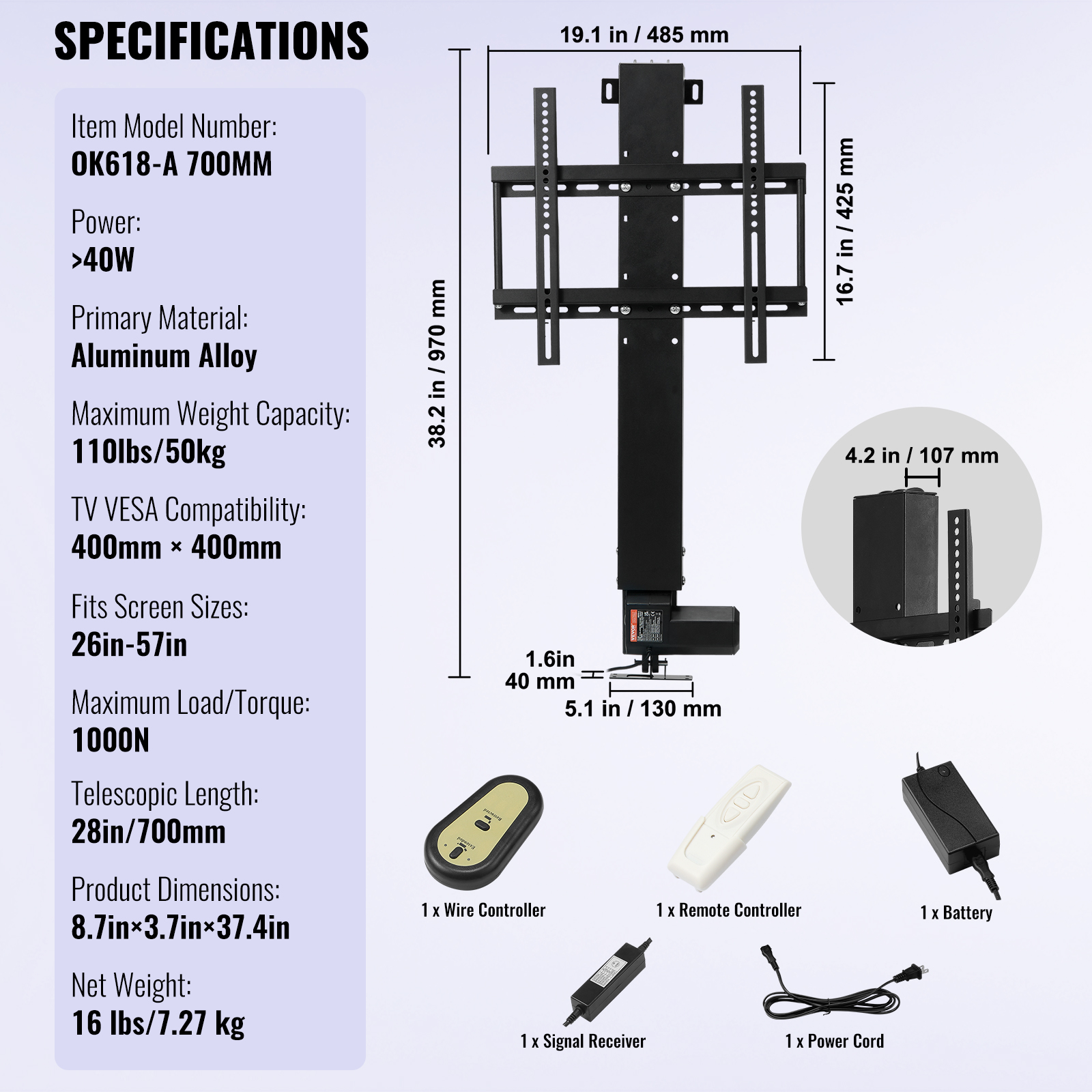 28" Motorized Tv Lift Mount Bracket For 26-57" Tvs 700mm Stroke ...