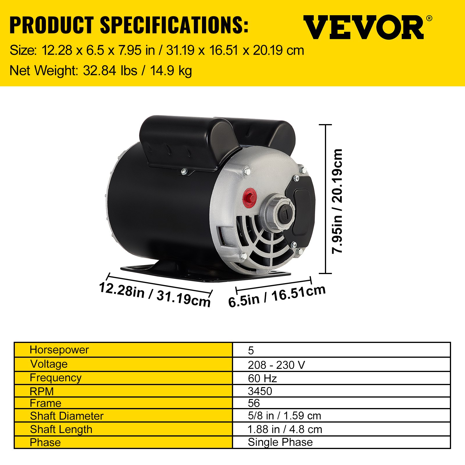 VEVOR Air Compressor Electric Motor, 5 HP SPL 3450 RPM, 208-230 Volt 3.1 KW Single Phase, 56 ...