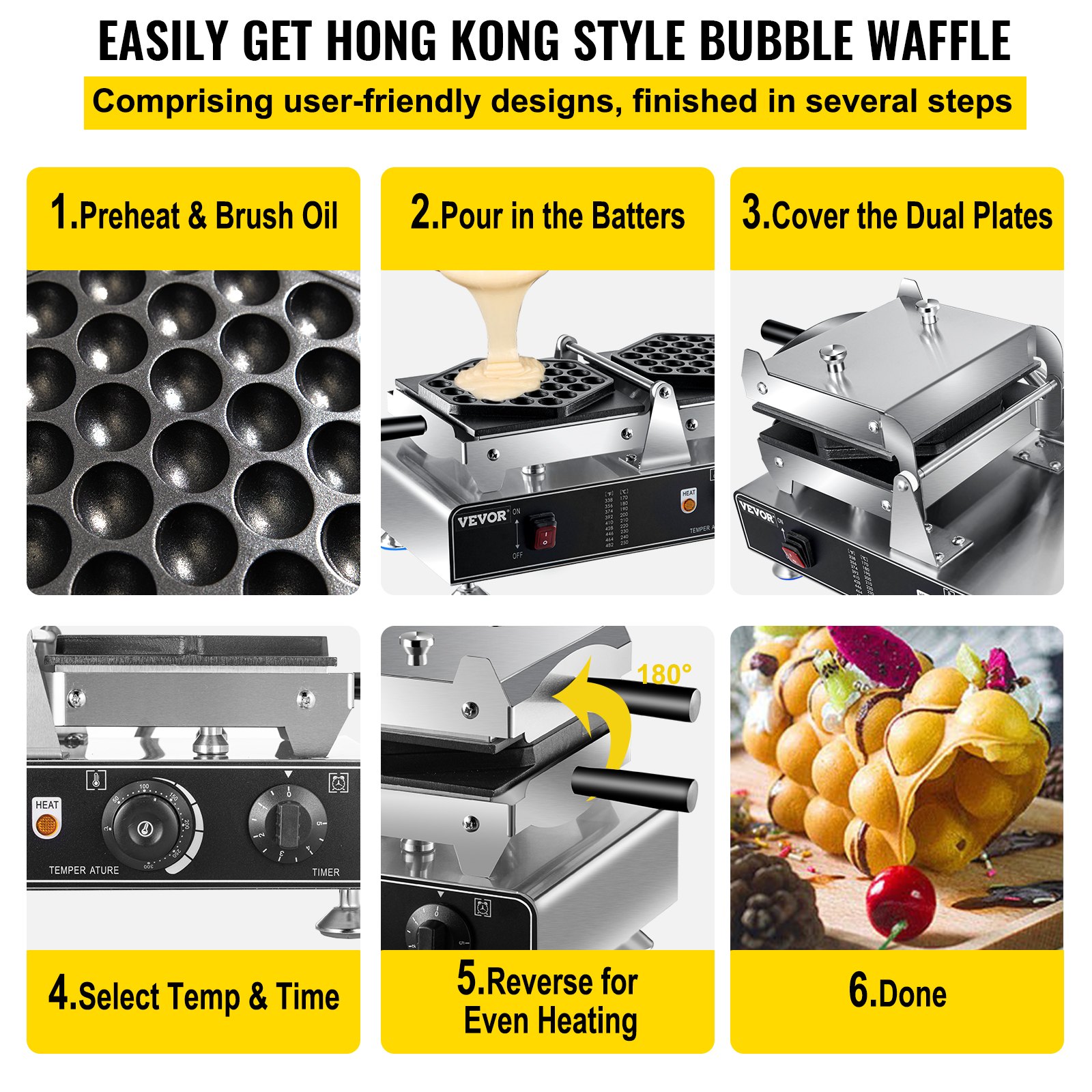 VEVOR Bubble Waffle Maker, 110V Electric Egg Waffle Maker, 1500W Hong ...