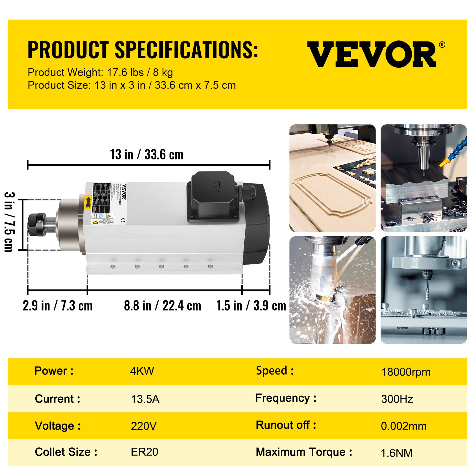 CNC 4KW Air Cooled Spindle Motor ER20 Collet 18000rpm For Milling ...