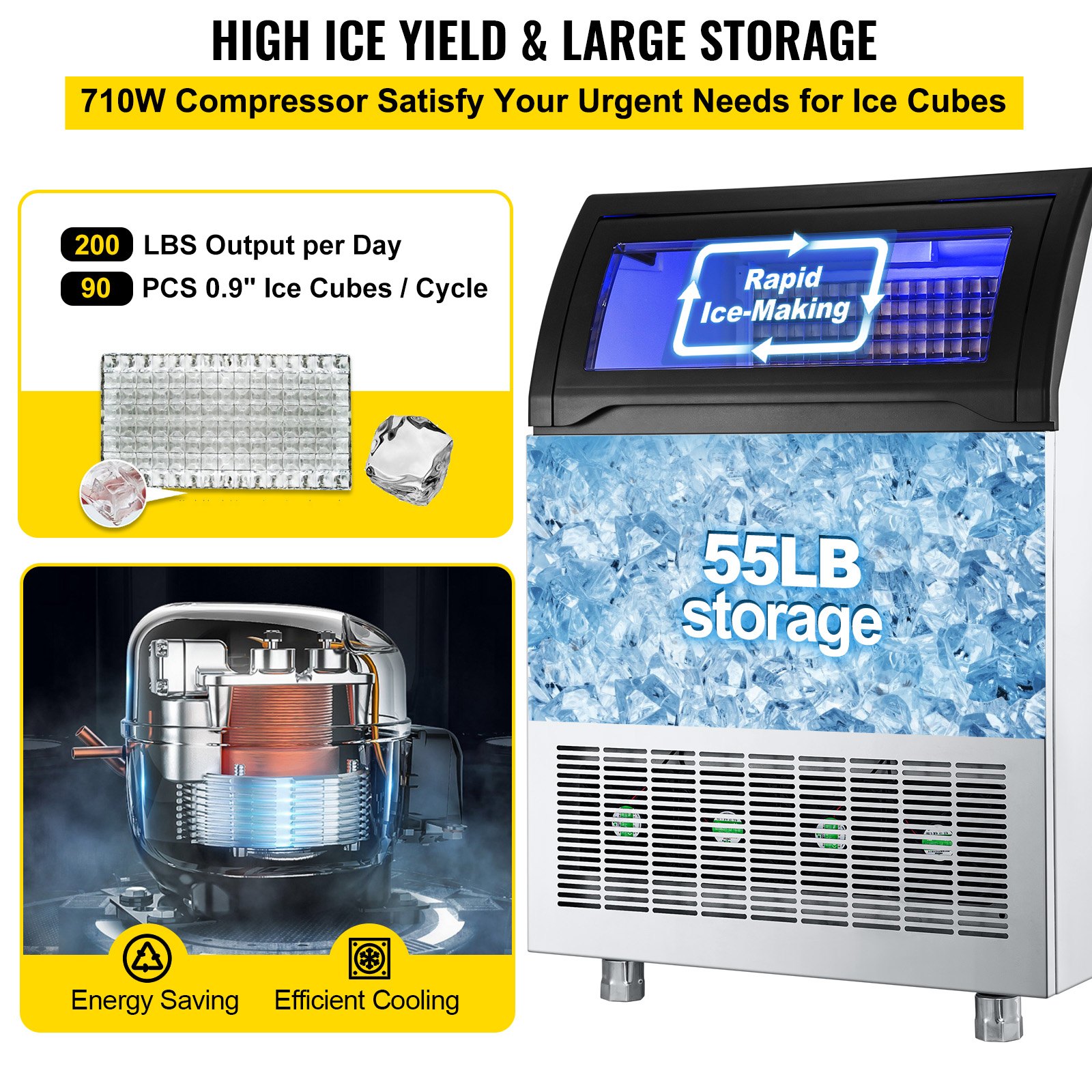 VEVOR 110V Commercial Ice Maker 200LBS/24H, 710W Ice Machine with 55LBS ...