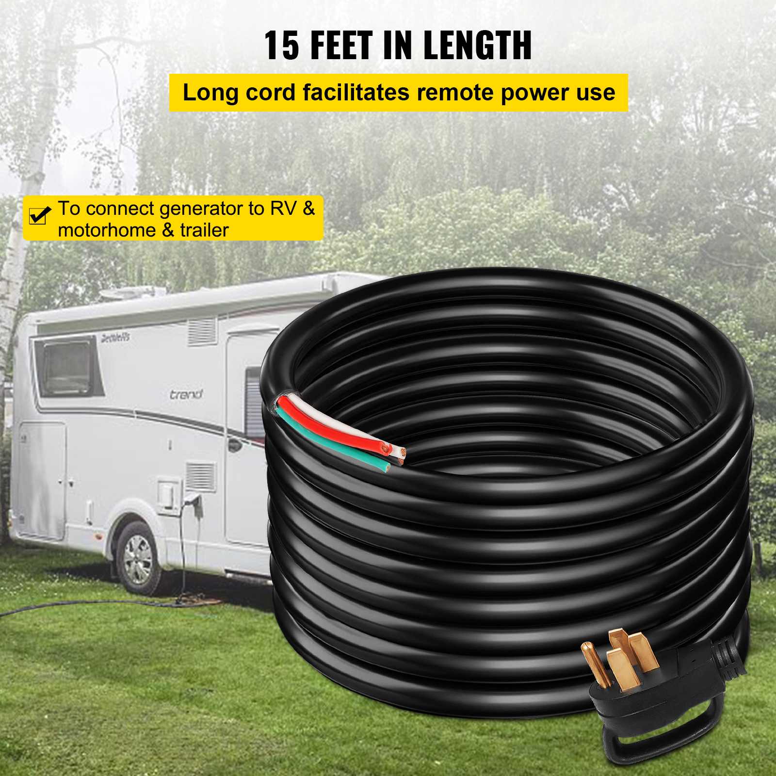 15' 50a Generator Power Cord Rv Camp 6/3 + 8/1 Awg Nema 14-50p To Bare ...