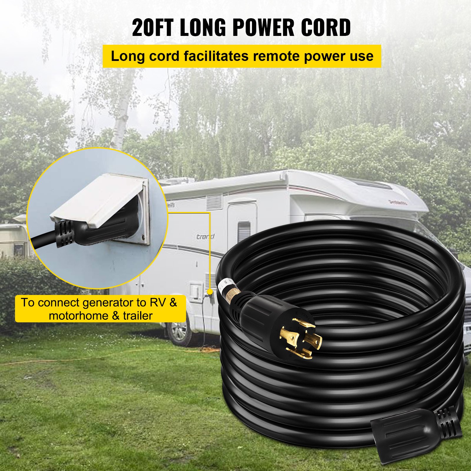 Generator Extension Cord 20 Ft 4 Prong Power Cable 10 Gauge 30 Amp ...
