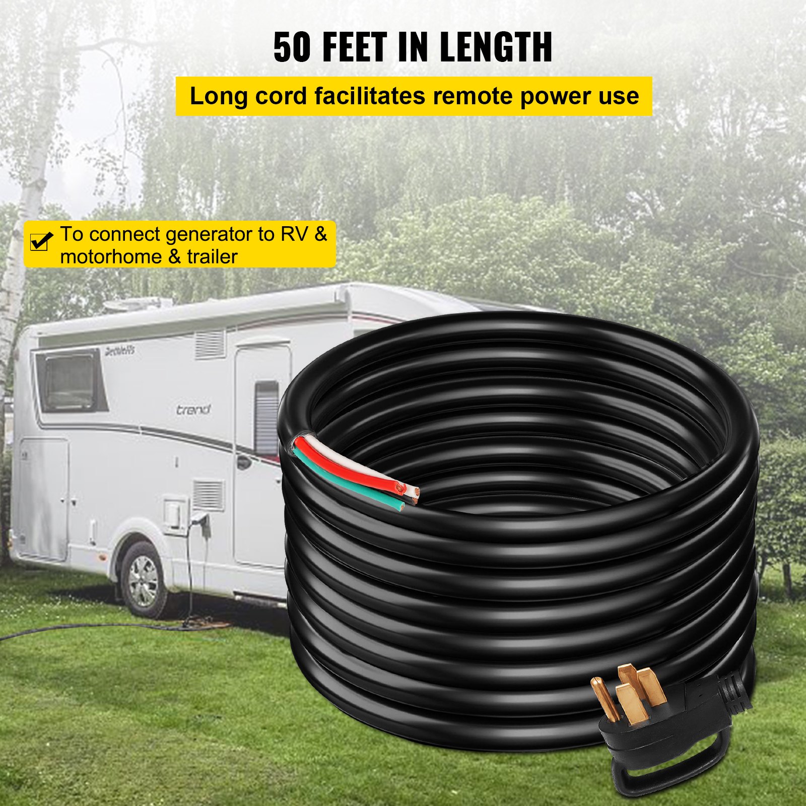 50' 50A RV Camp Power Cord Generator Cord 6/3 + 8/1 AWG NEMA 14-50P to ...