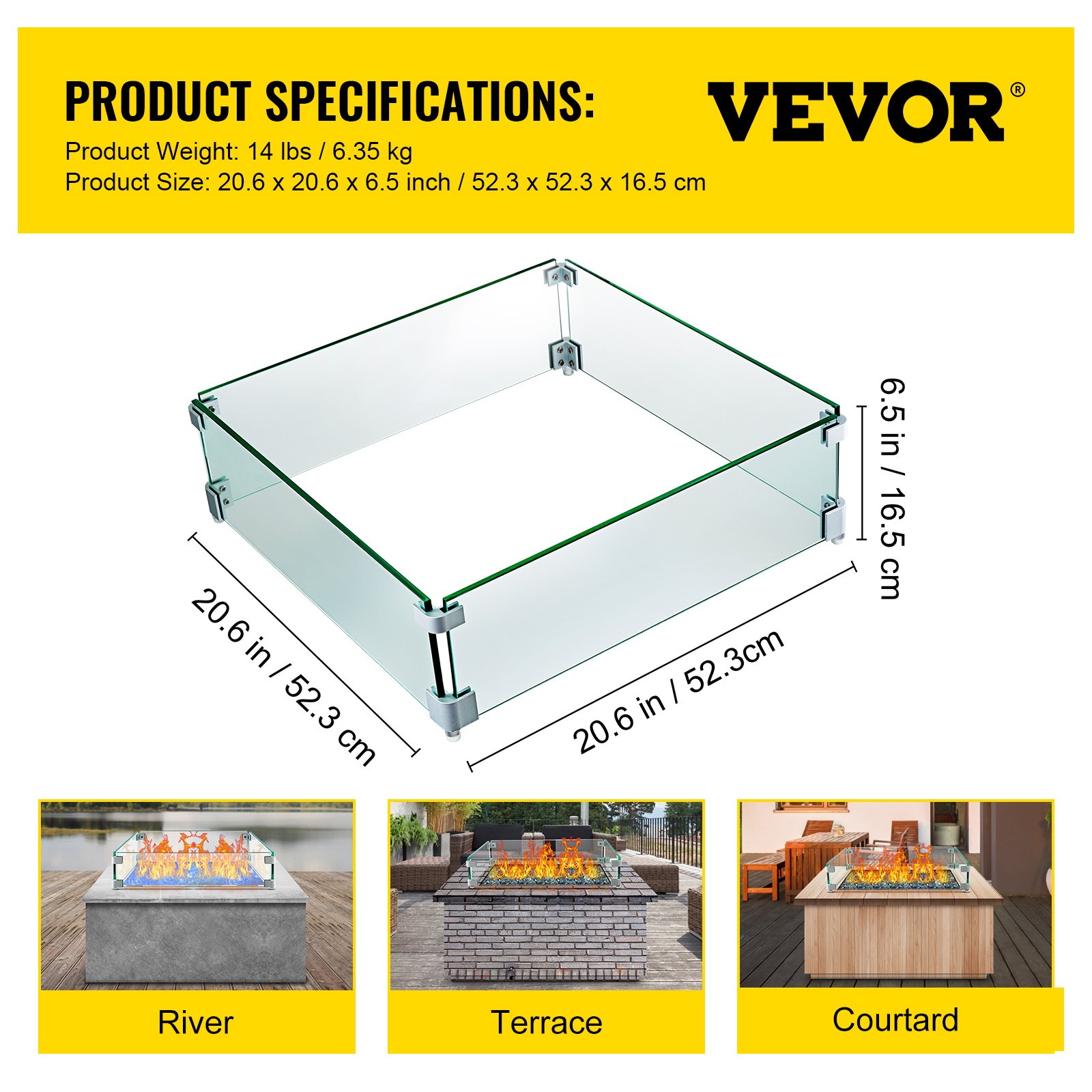 VEVOR Fire Pit Wind Guard 21 x 21 x 6 Inch Glass Flame Guard, Rectangle ...