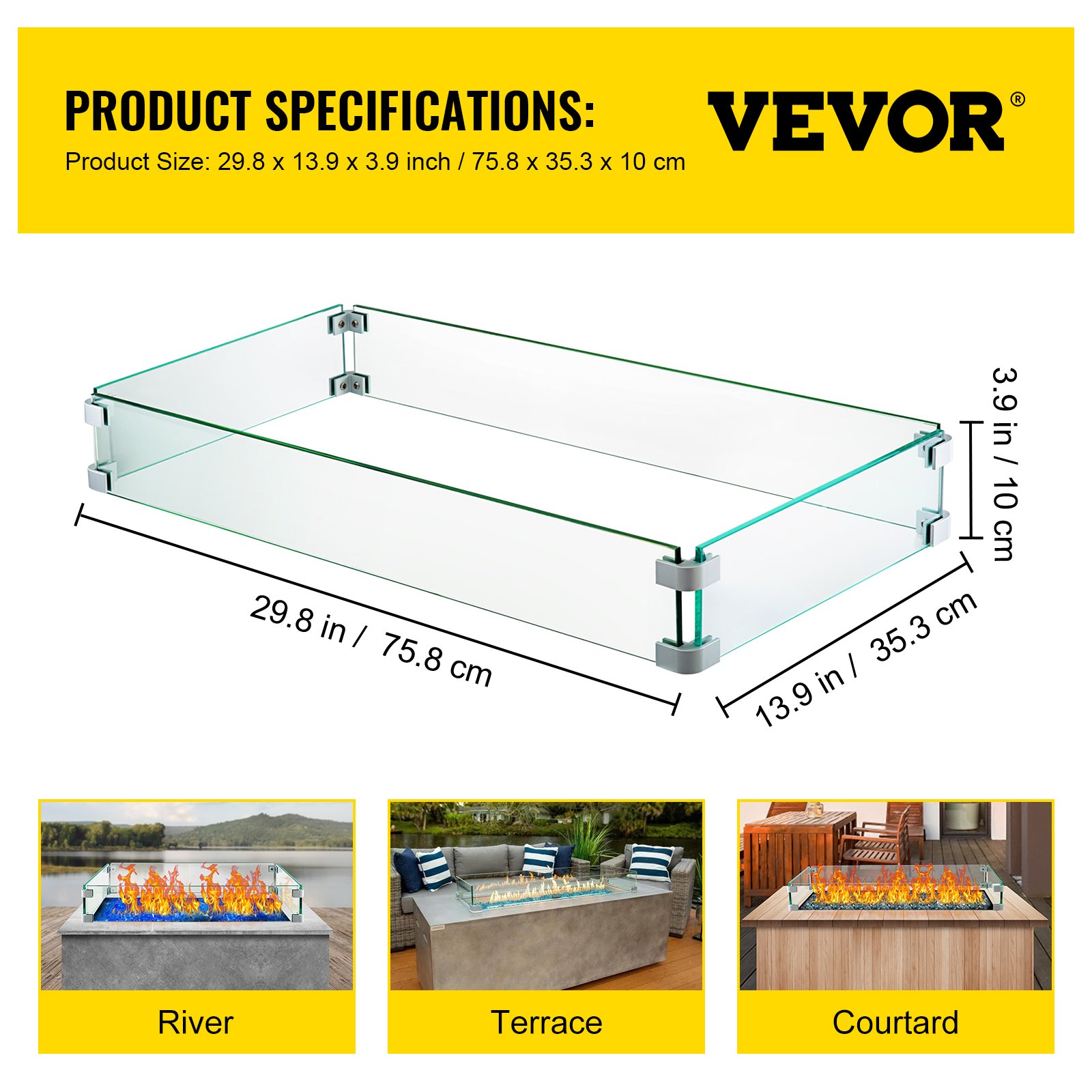 Fire Table Tempered Glass Wind Guard Fence 29.5" x 13.6" x 4" | VEVOR US