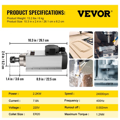 VEVOR Square Air Cooled Spindle Motor 2.2KW CNC Spindle Motor 110V ER20 ...