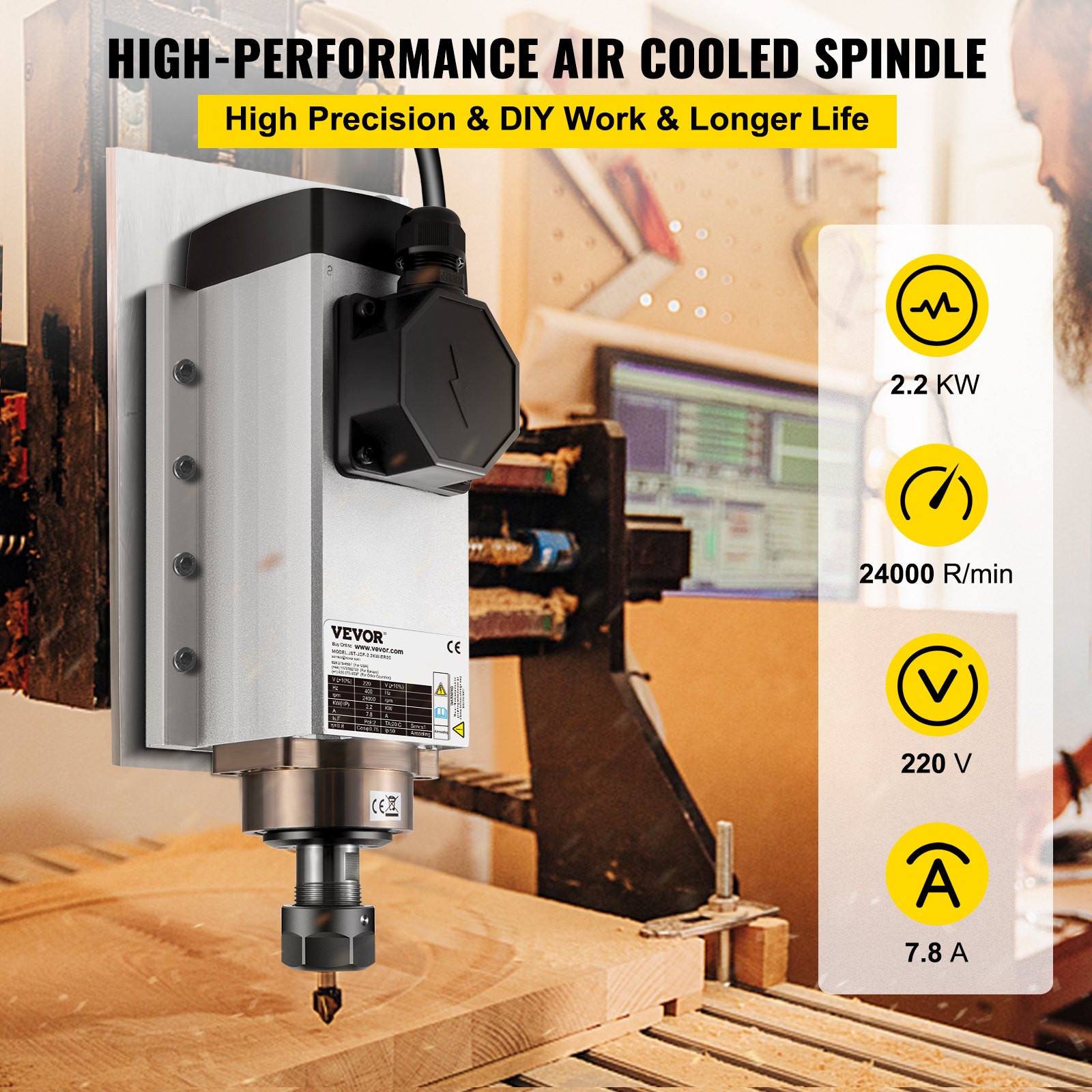 VEVOR Square Air Cooled Spindle Motor 2.2KW CNC Spindle Motor 110V ER20 ...