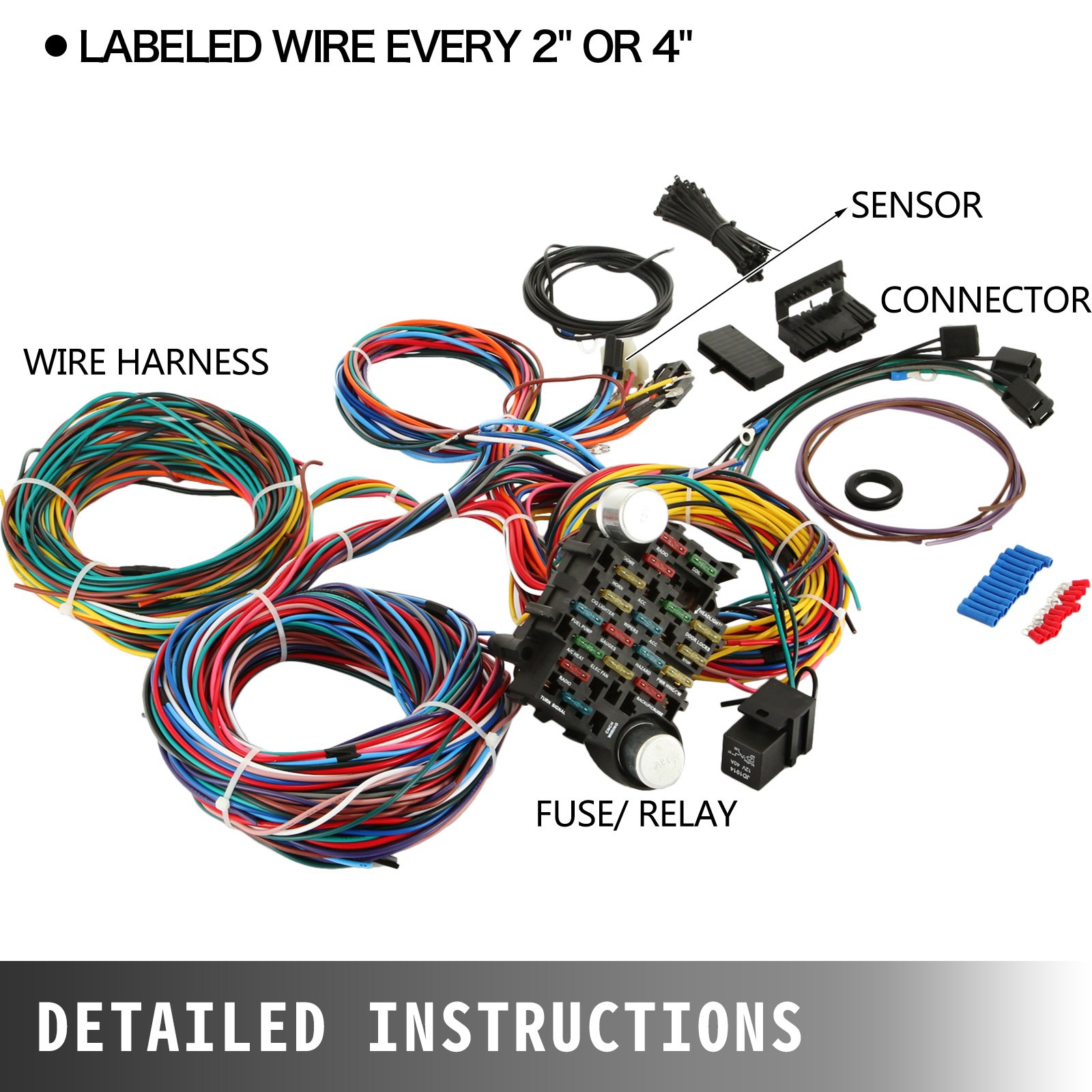 VEVOR 21 Circuit Wiring Harness Kit Long Wires Wiring Harness 21 ...