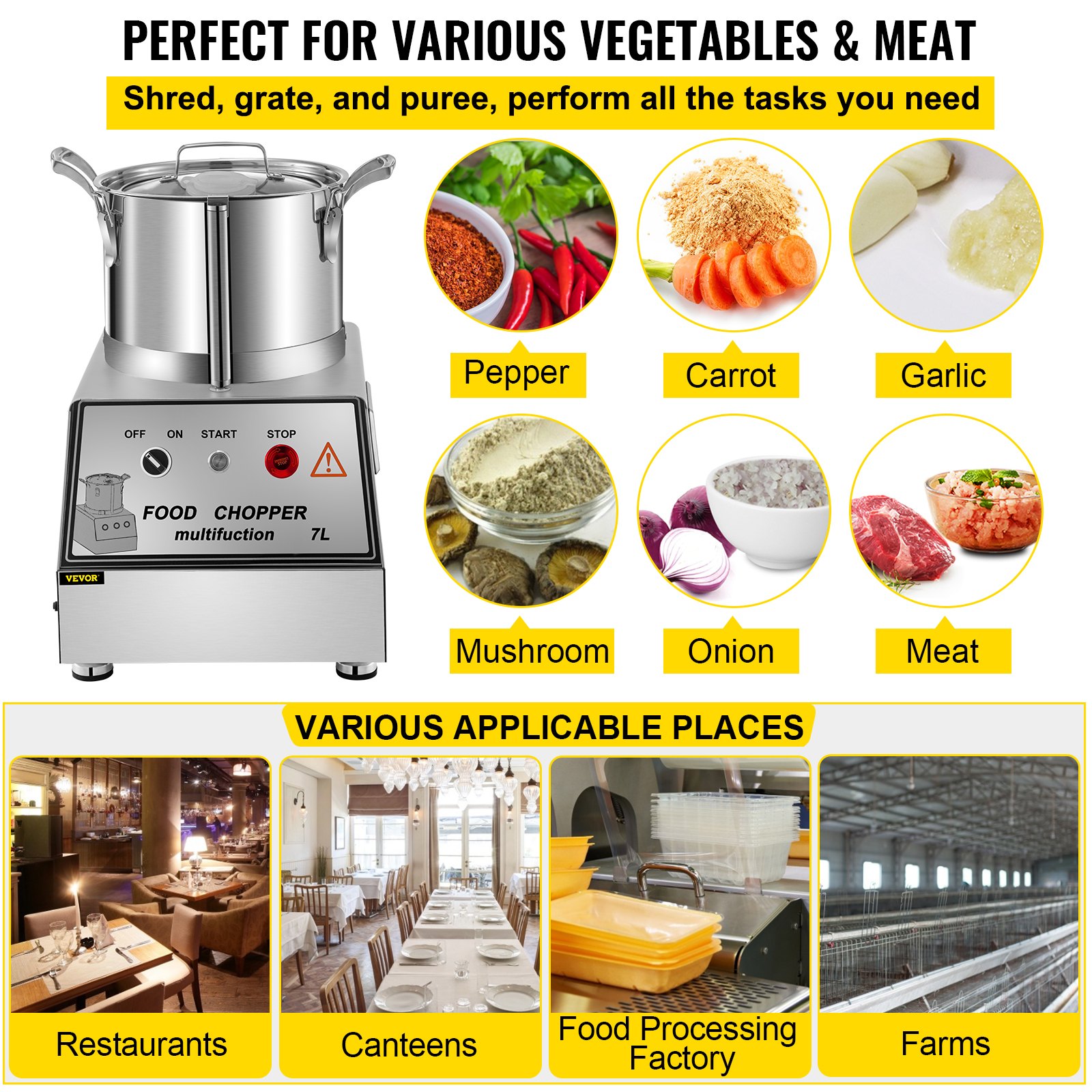 VEVOR 110V Commercial Food Processor 7L Capacity 750W Electric Food ...