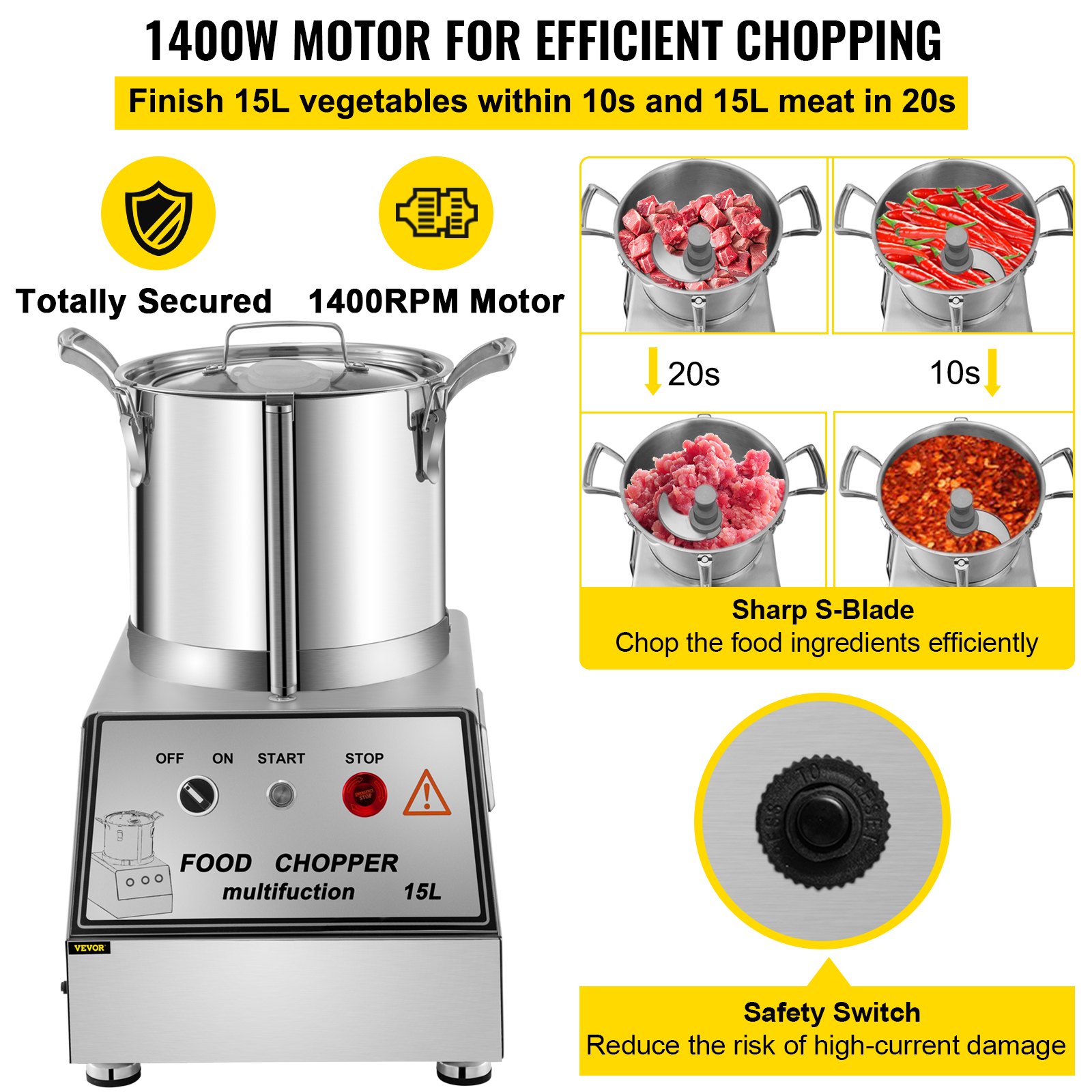 VEVOR Commercial Food Processor Electric Vegetable Chopper Grinder 15L ...