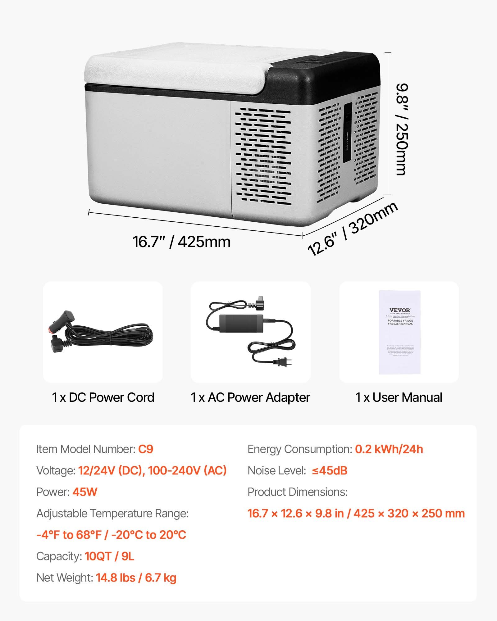 VEVOR 12 Volt Refrigerator 10 Qt, Portable Mini Freezer (-4℉~68℉) W/APP ...