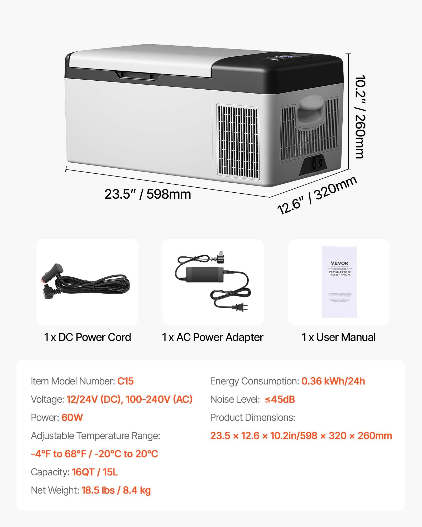 VEVOR 12 Volt Car Refrigerator Portable Freezer 16Qt Truck RV Fridge ...