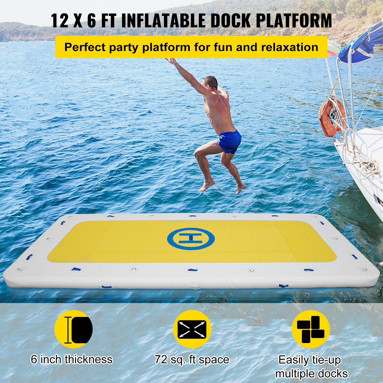 VEVOR Inflatable Dock Platform PVC Floating Dock 12 x 6 ft 3-5 Person w ...